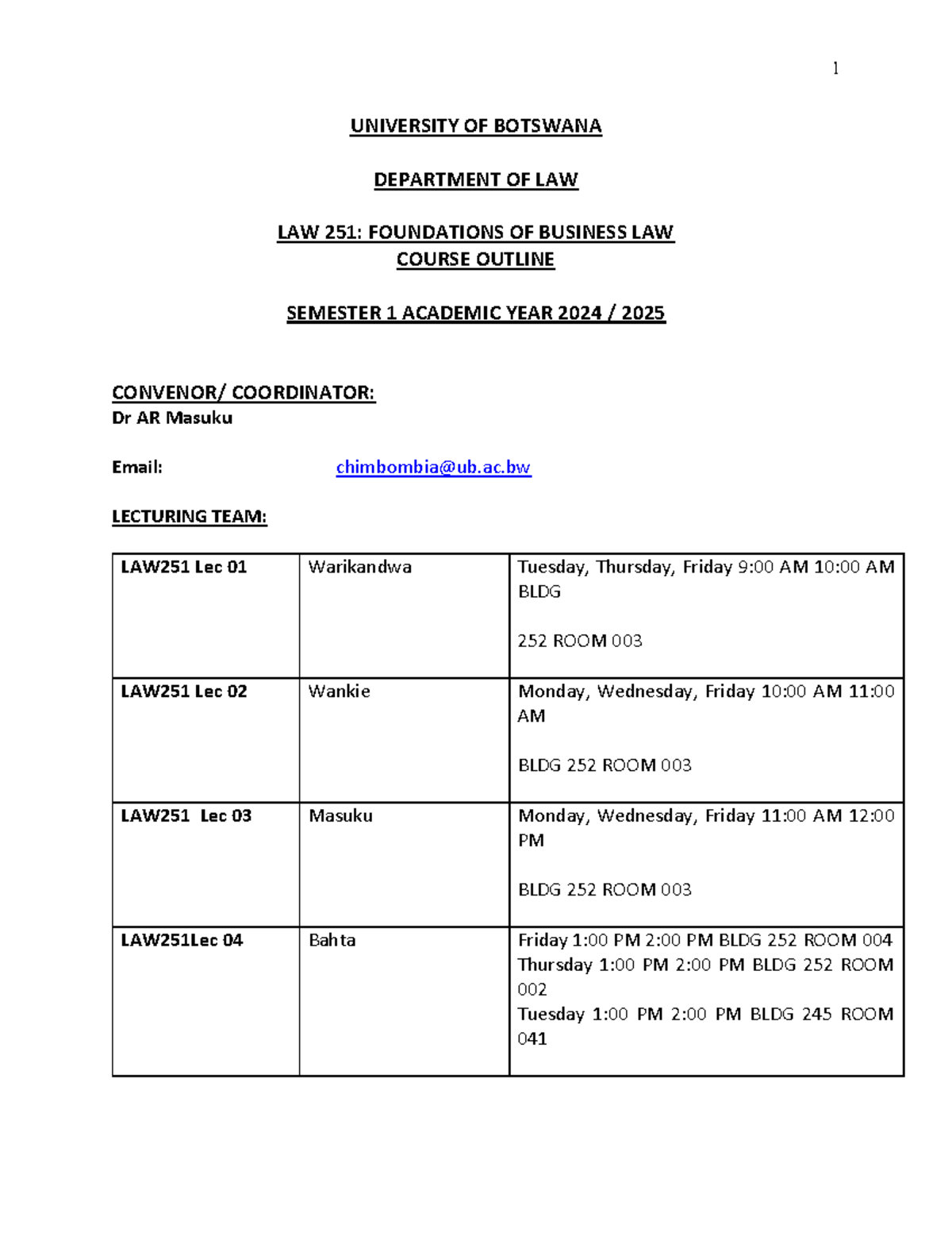 Law 251 Course Outline 2024-25 - UNIVERSITY OF BOTSWANA DEPARTMENT OF ...