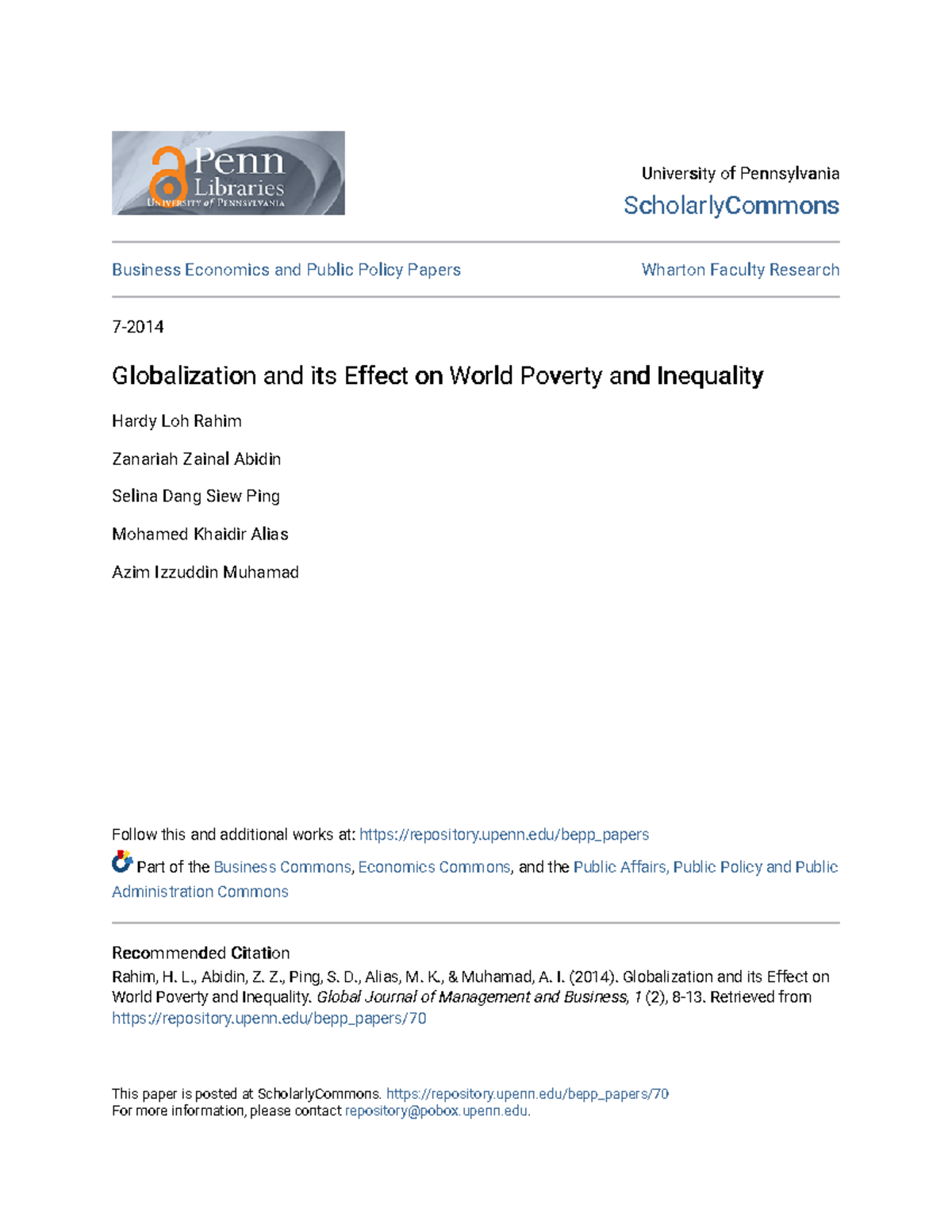 Globalization and its Effect on World Poverty and Inequality - upenn ...