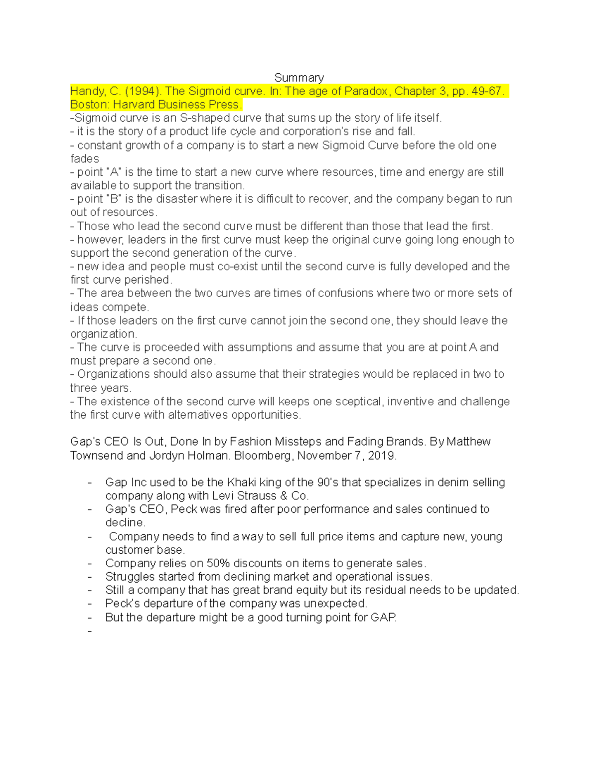 Sigmoid curve - Summary Handy, C. (1994). The Sigmoid curve. In: The ...