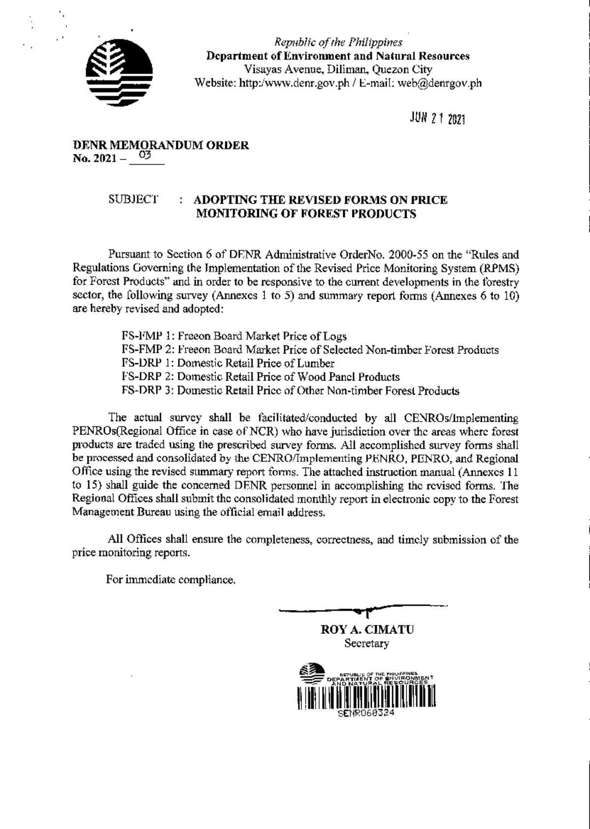 Adopting THE Revised Forms ON Price Monitoring OF Forest Products ...