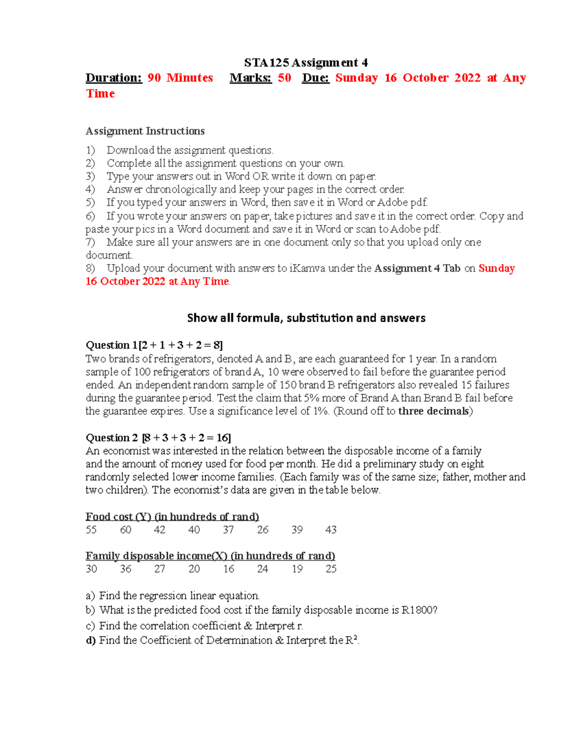Sta125 Assignment 4 Probability Sta125 Assignment 4 Duration 90
