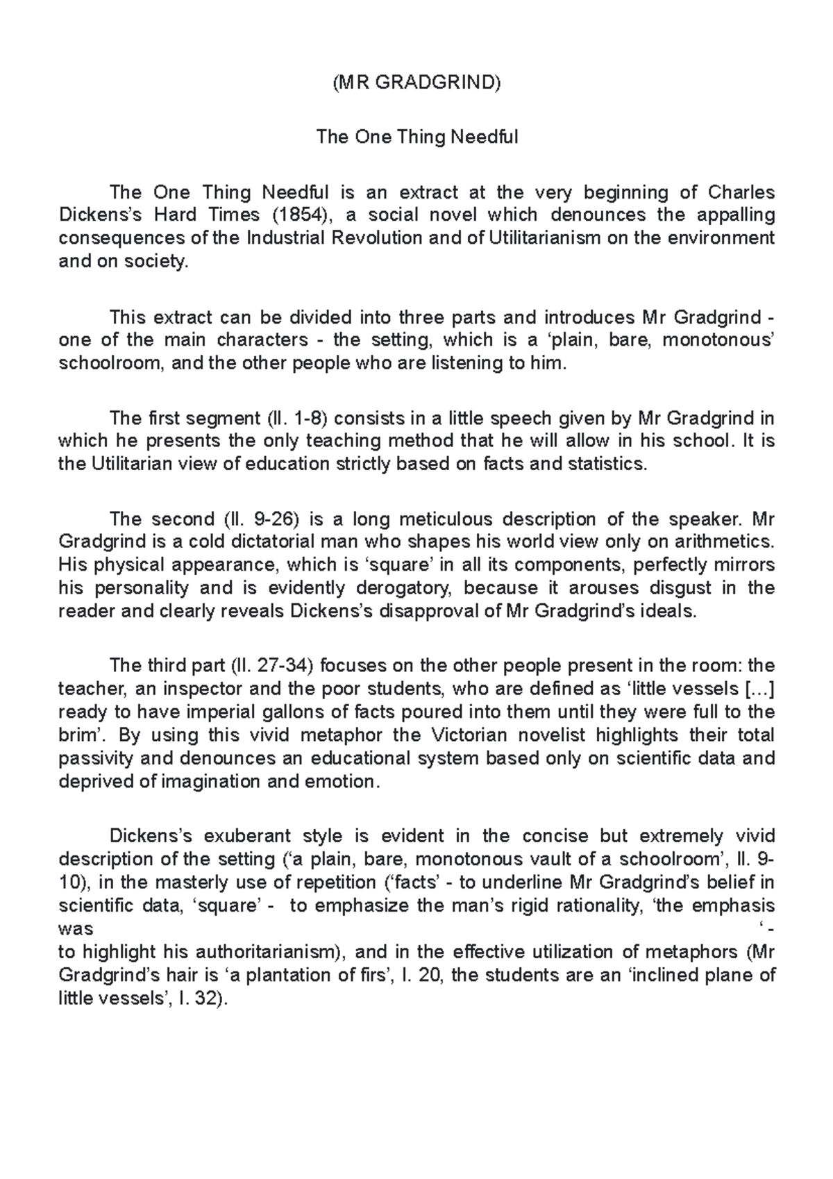 Mr Gradgrind - Commento su un capitolo di Hard Time di Charles Dickens ...