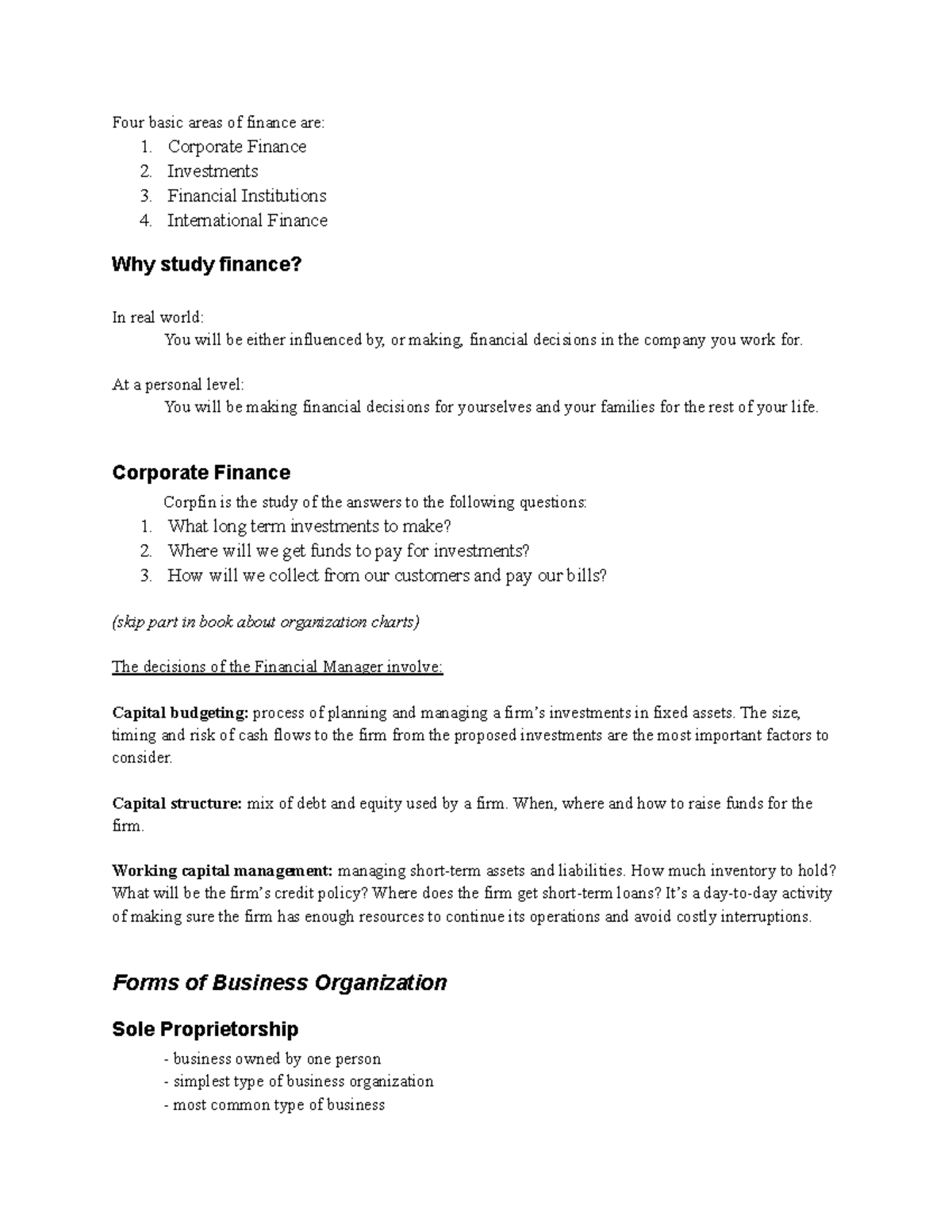 Finance- Notes for Chapter 1 - Four basic areas of finance are: 1 ...
