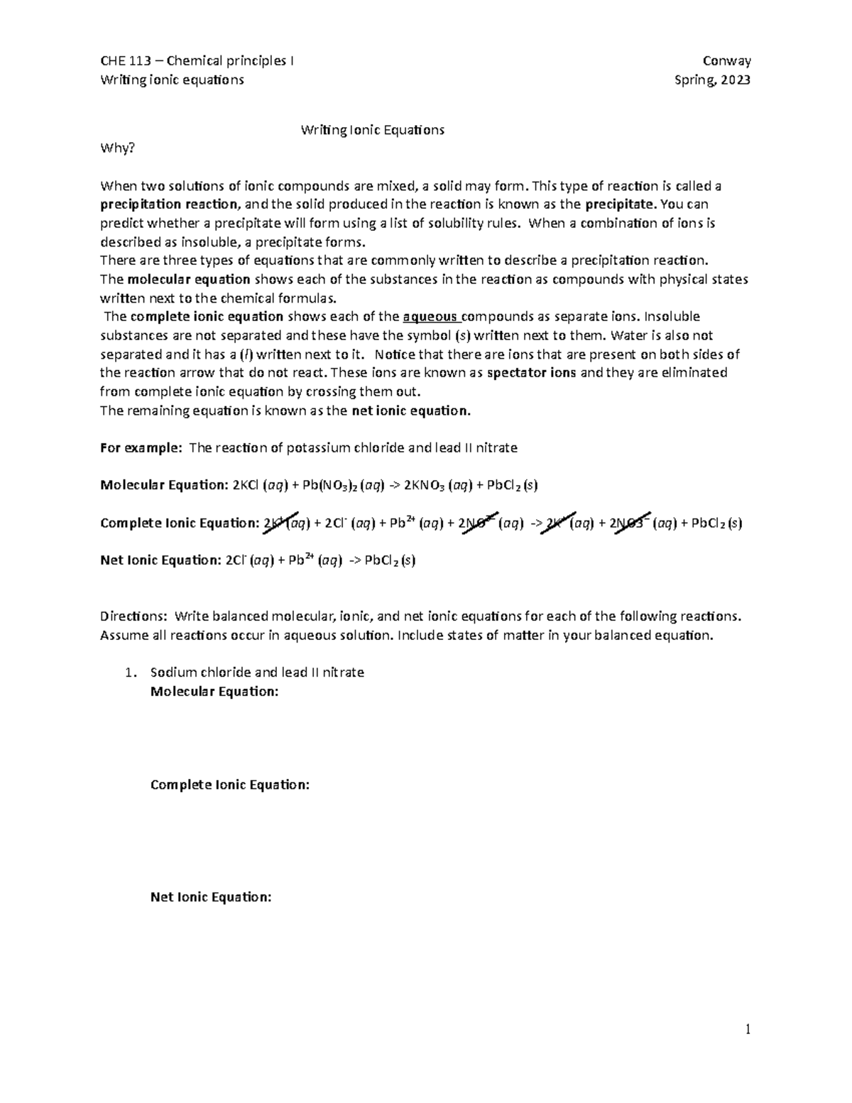 Writing Ionic Equations Sp 2023 Writing Ionic Equations Spring 2023