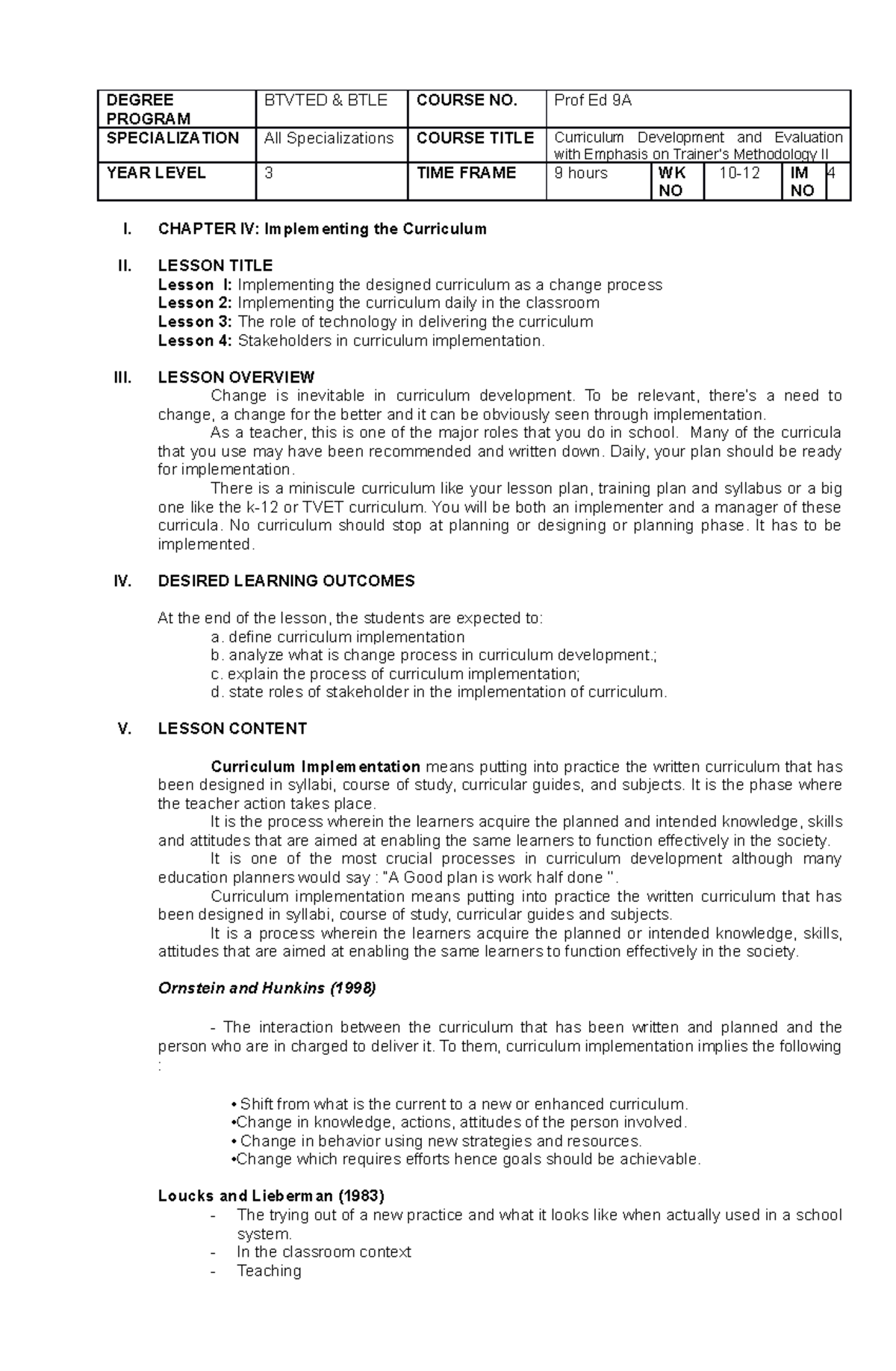 Prof Ed 9A IM No.4 - DEGREE PROGRAM BTVTED & BTLE COURSE NO. Prof Ed 9A ...