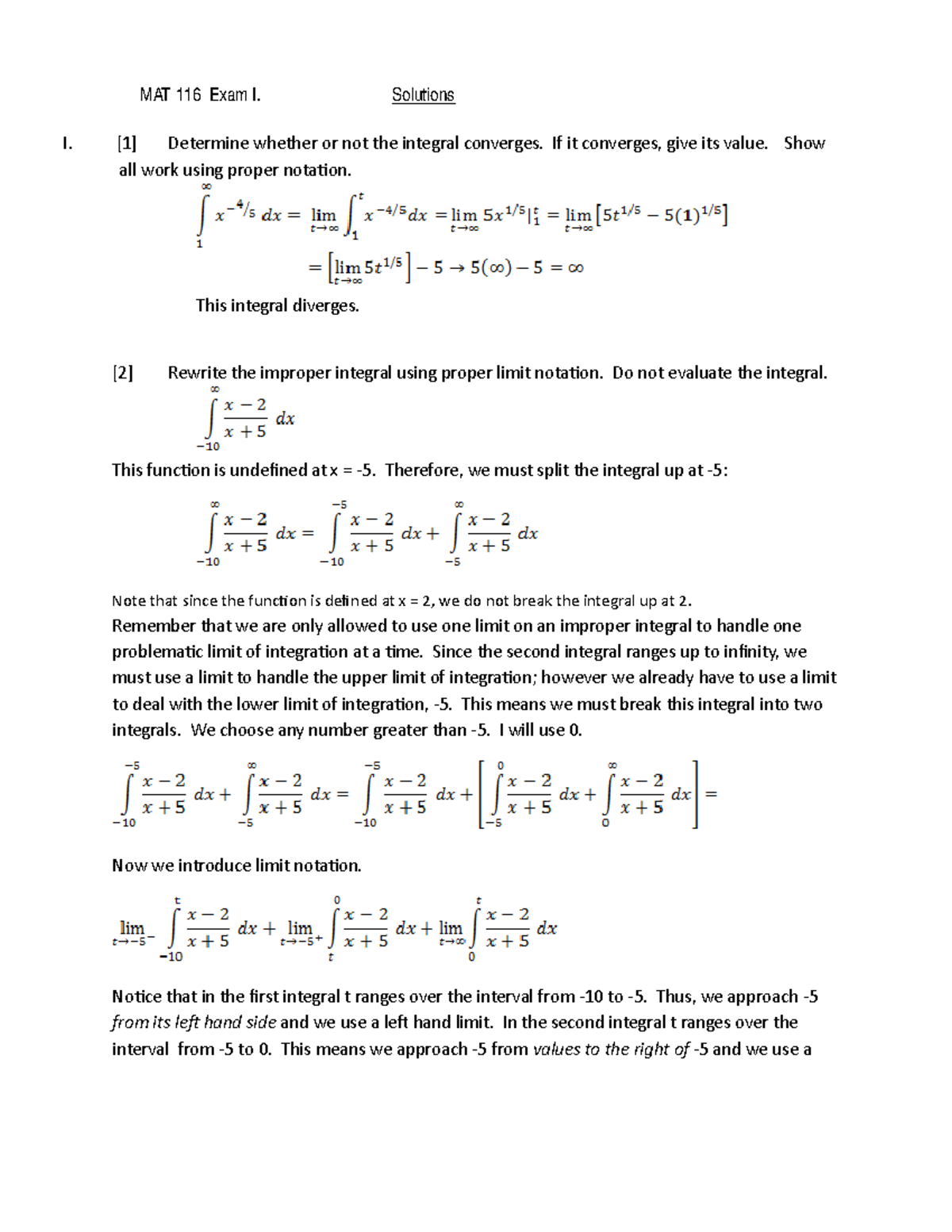 116 Exam I - Test - MAT 116 Exam I. Solutions I. [1] Determine whether ...