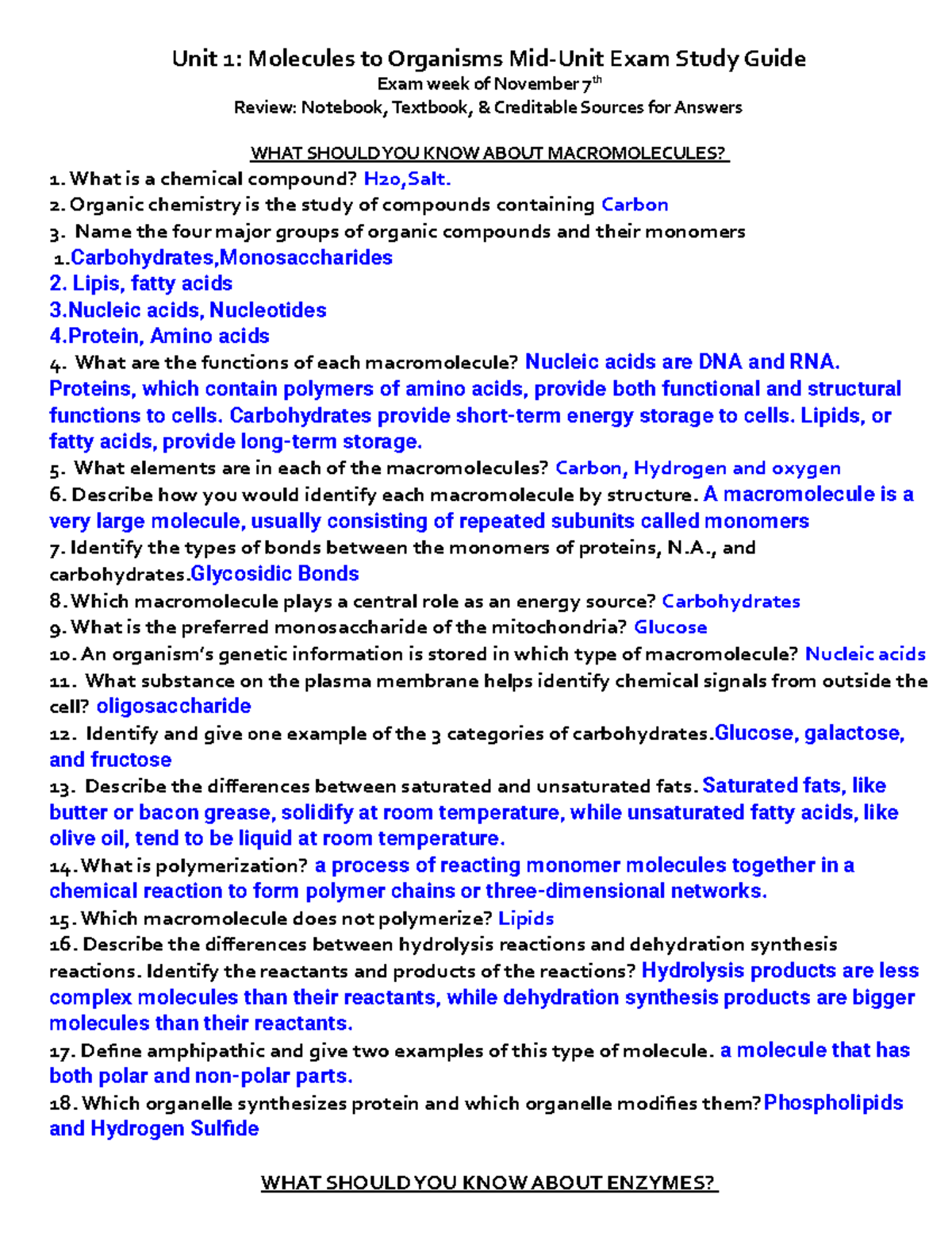 Edwin Cottrell Study Guide - Unit 1: Molecules to Organisms Mid-Unit ...