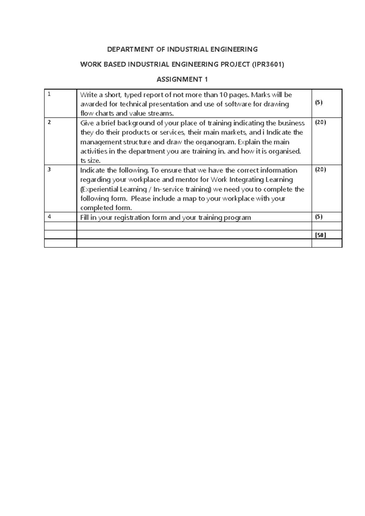 IPR3601 Assignment 1 2023 - DEPARTMENT OF INDUSTRIAL ENGINEERING WORK BASED INDUSTRIAL ...