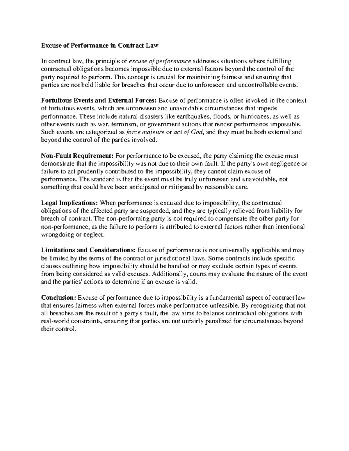 Excuse of Performance in Contract Law - This concept is crucial for ...