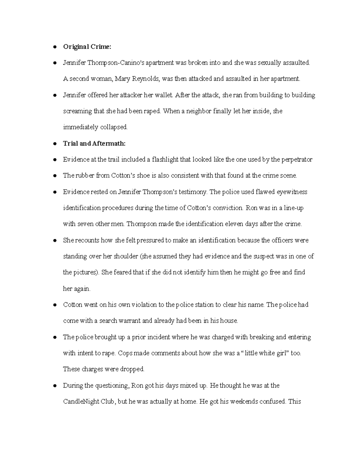 Ronald Cotton Case Outline - Original Crime: Jennifer Thompson-Canino's ...