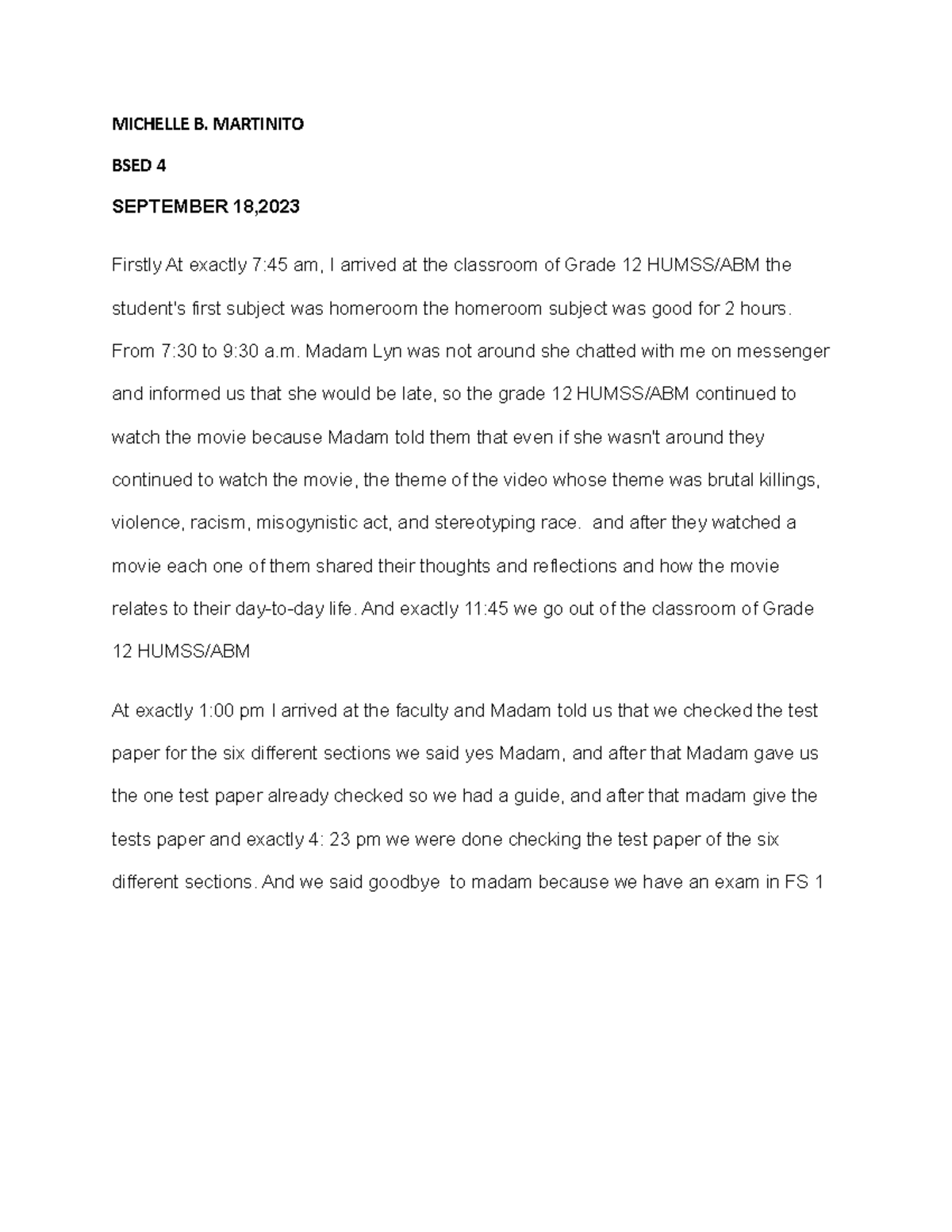 Narrative Report ( Michelle) - MICHELLE B. MARTINITO BSED 4 SEPTEMBER ...