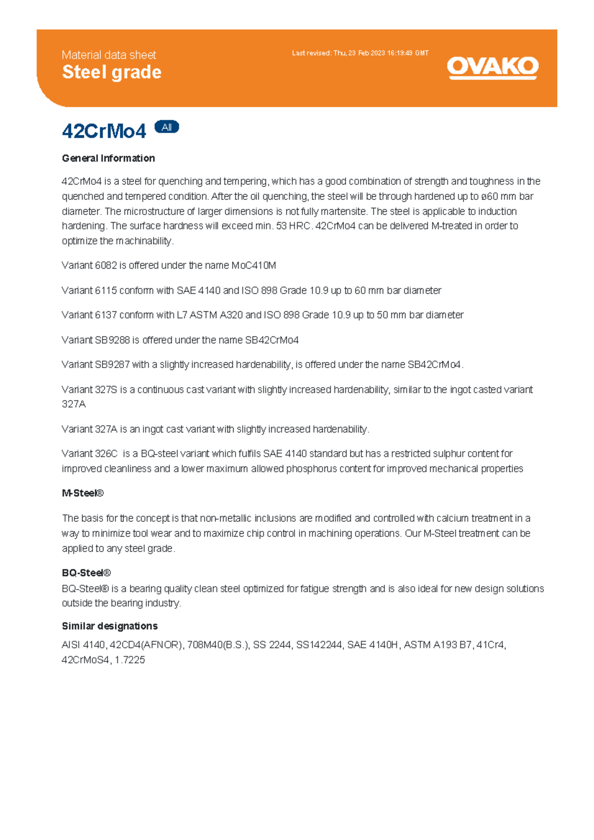 42Cr Mo4 - Material data sheet Steel grade Last revised: Thu, 23 Feb ...