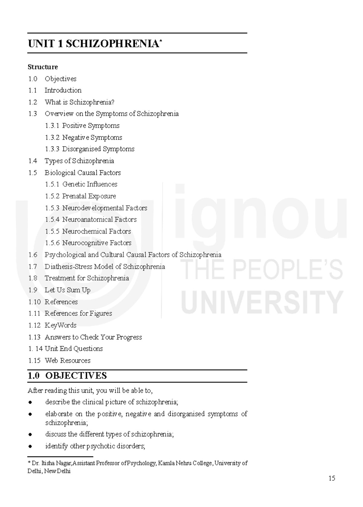 Schizophrenia lecture notes - UNIT 1 SCHIzOPHRENIA* Structure 1 ...