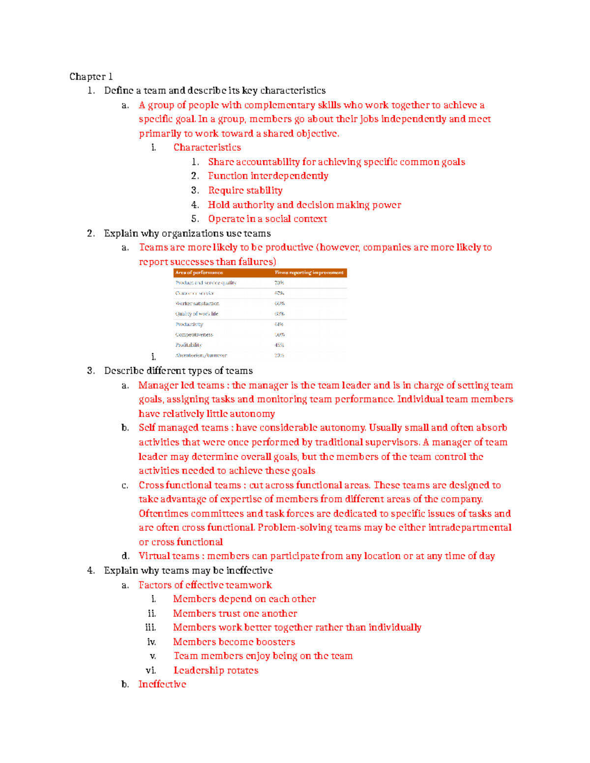 Unit 1 study guide - Chapter 1 1. Define a team and describe its key ...