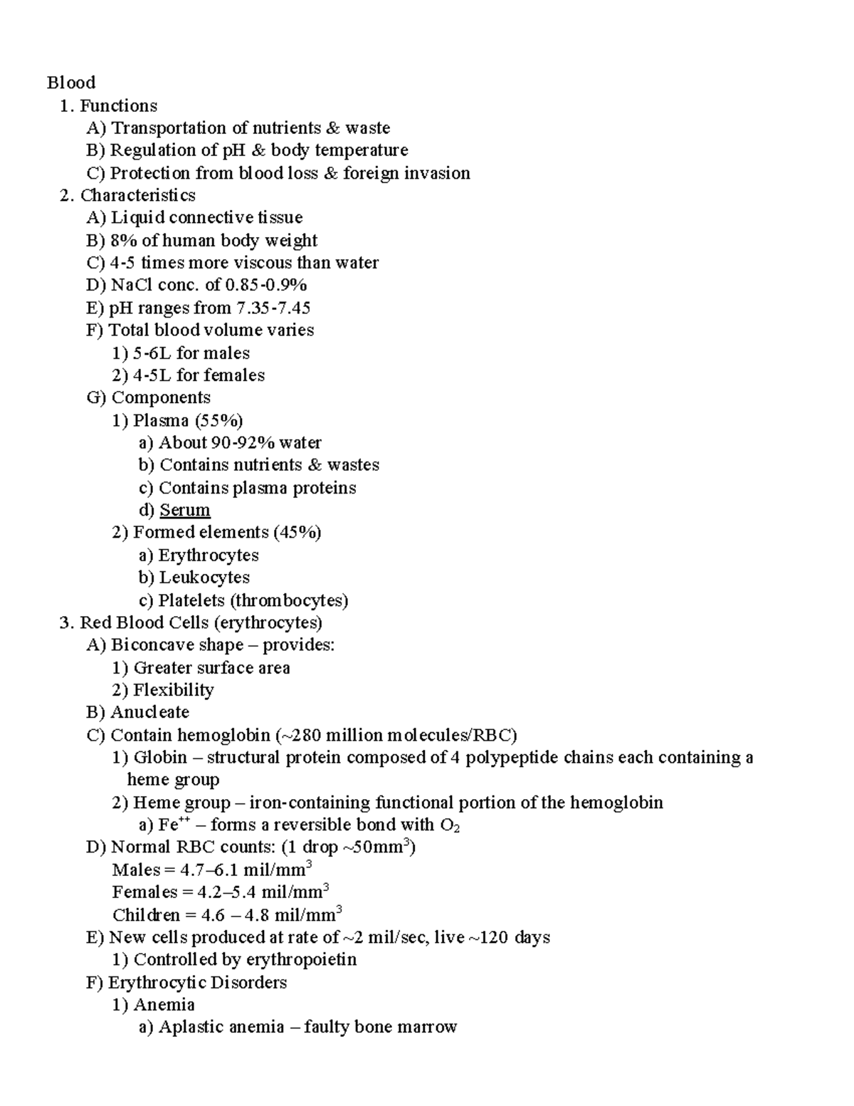 Anatomy & Physiology 2 Blood Notes - Blood 1. Functions A ...