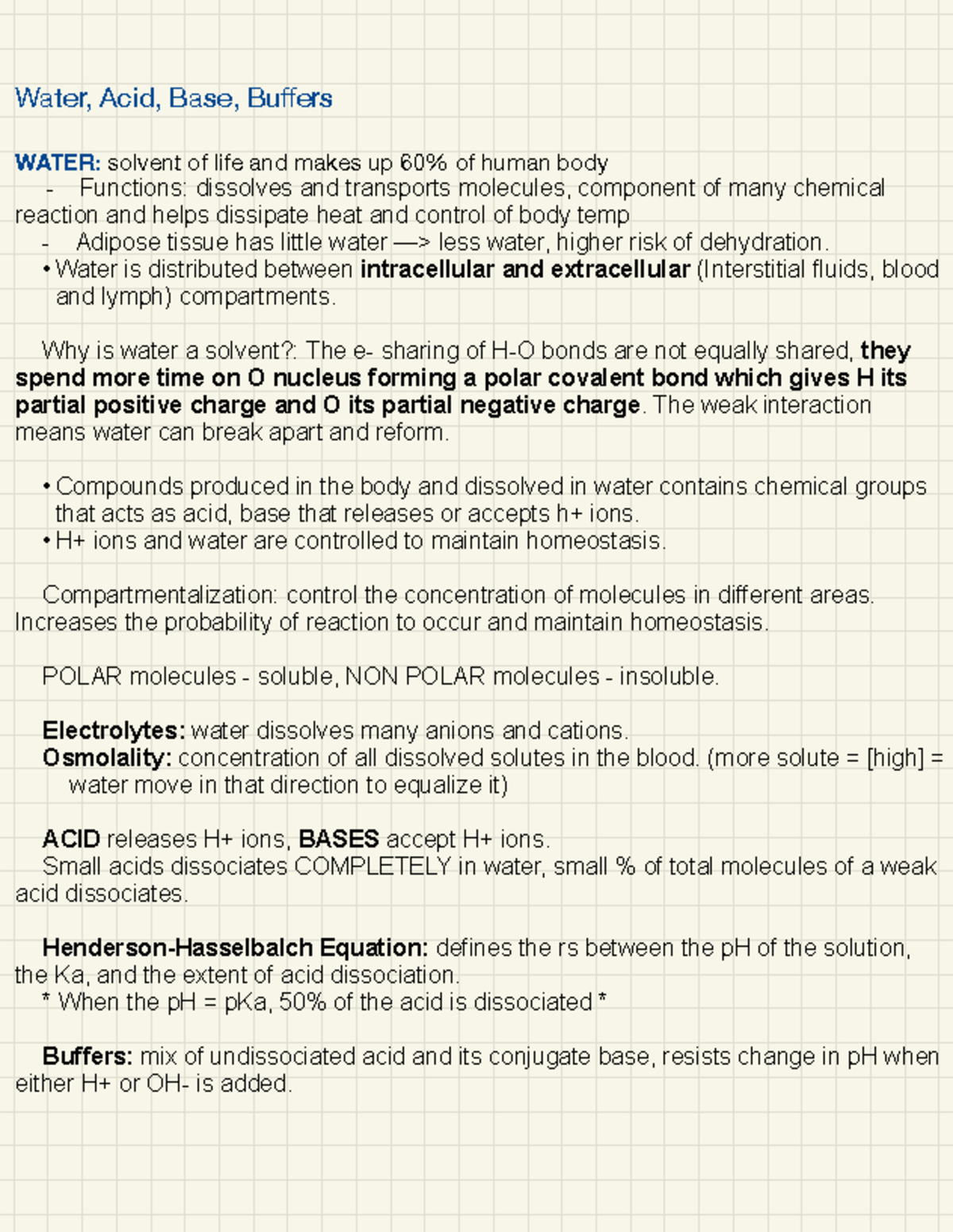 W1 - Water, acid, buffer - Water, Acid, Base, Buffers WATER: solvent of ...