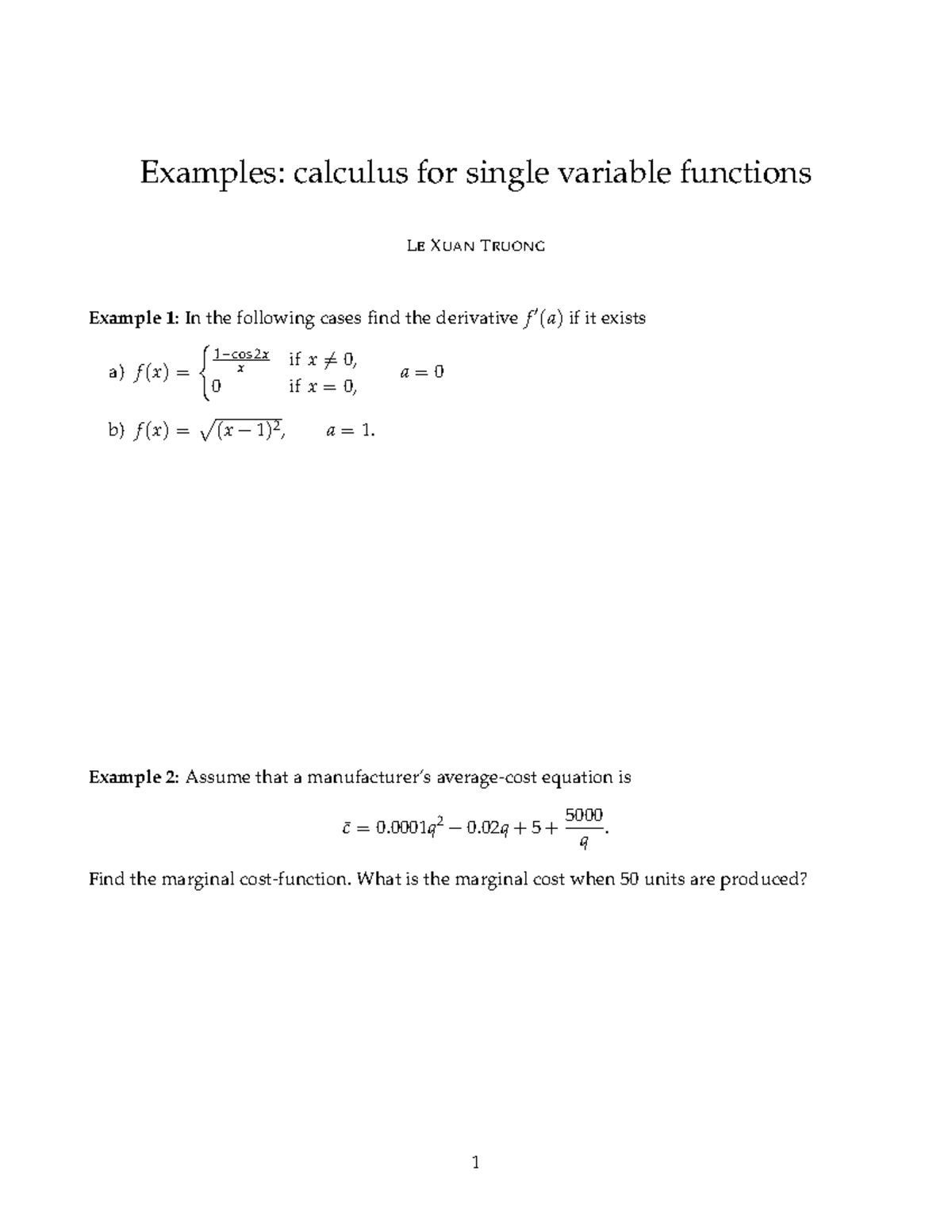 Examples-calculus - aaaaaaaaaaaaaaaa - Examples: calculus for single variable functions LE XUAN ...