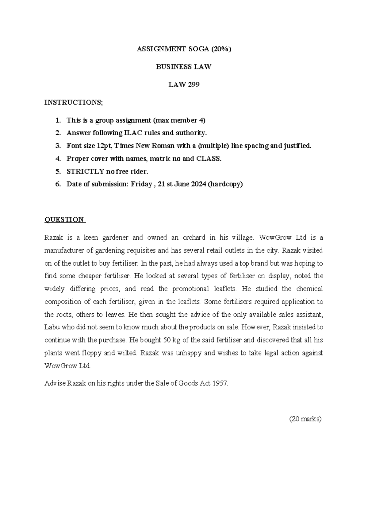 Assignment SOGA 2024 - done - ASSIGNMENT SOGA (20%) BUSINESS LAW LAW ...