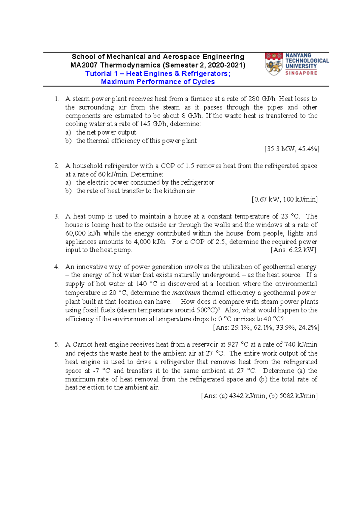 MA2007 Tutorials 1 7 Ans - School of Mechanical and Aerospace Engineering MA2007 Thermodynamics ...
