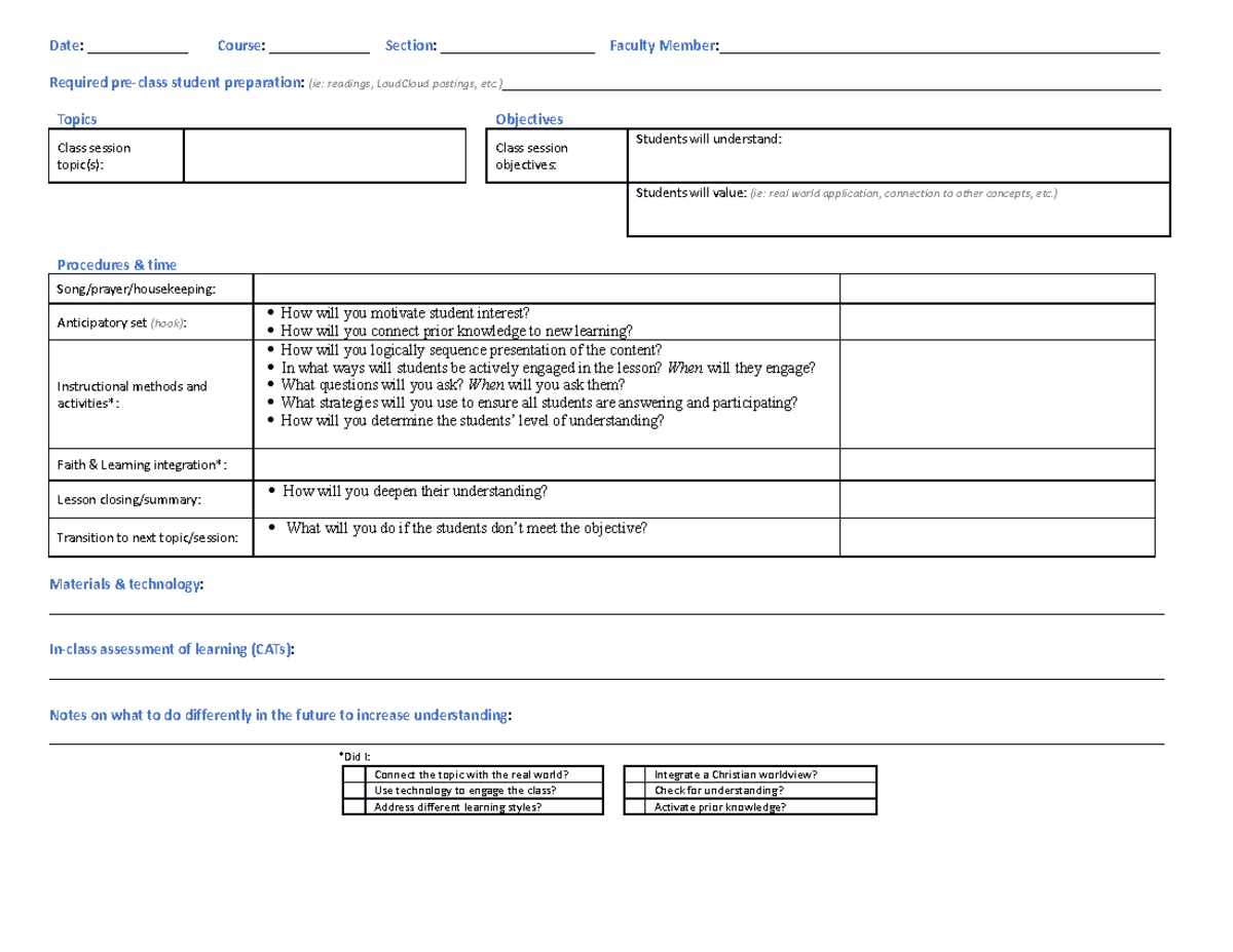 Lesson Plan Template - Guiding Questions - Date: _____________ Course ...