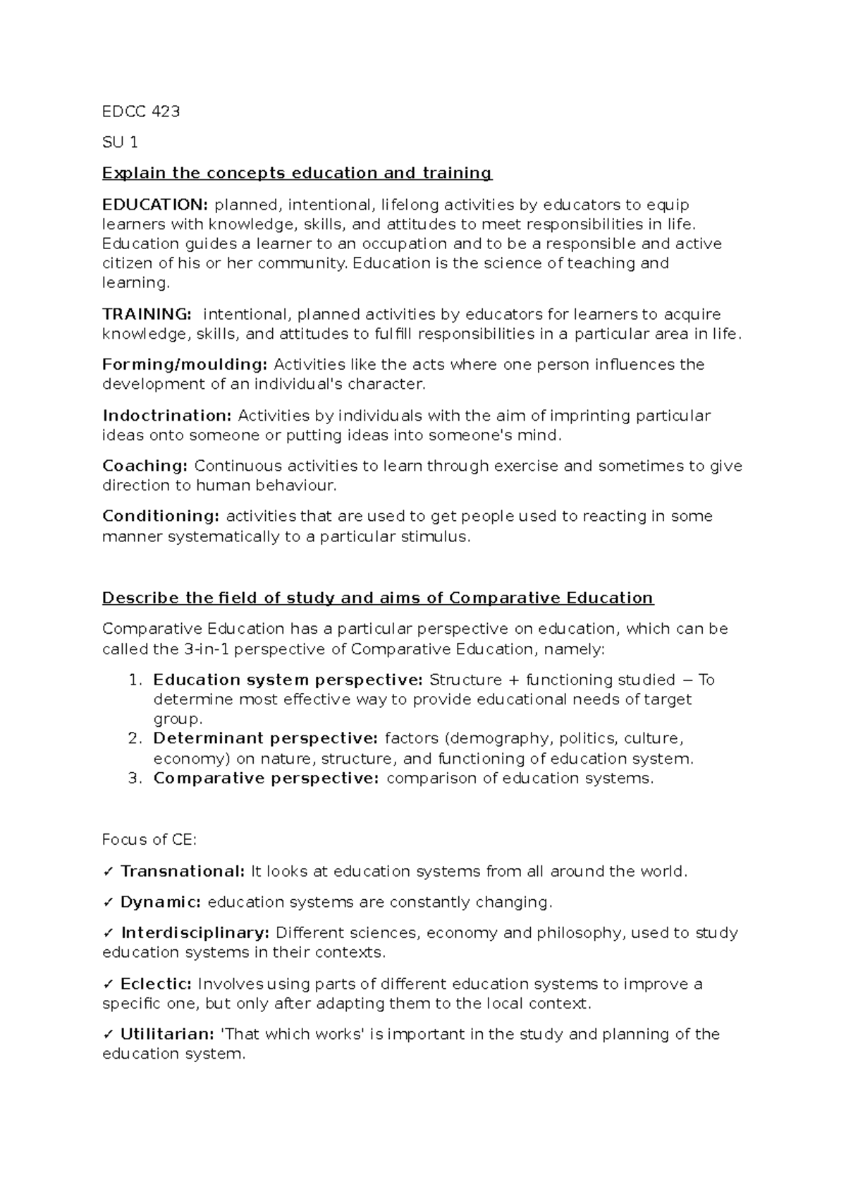 EDCC 423 - EDCC 423 - EDCC 423 SU 1 Explain the concepts education and ...