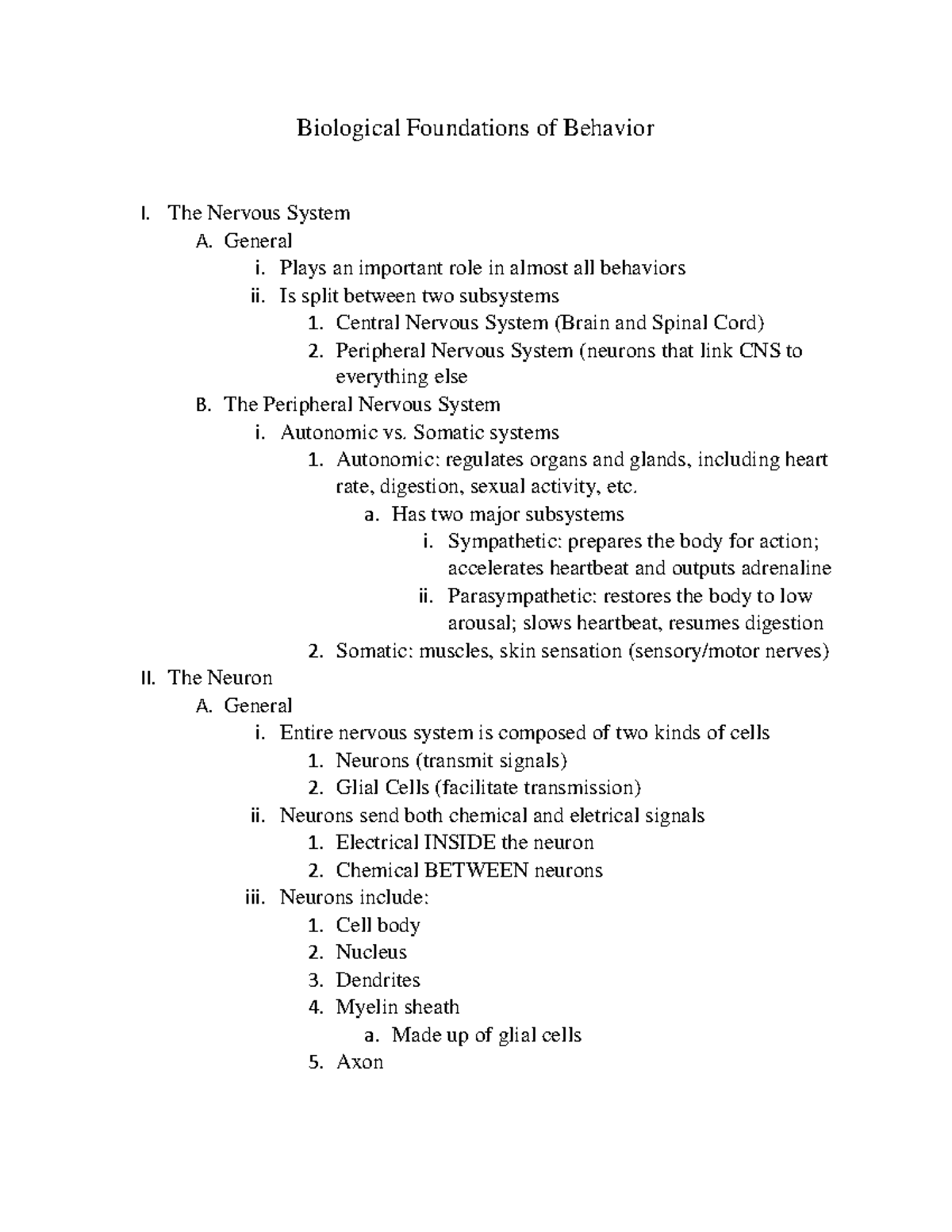 Biological Foundations of Behavior - The Nervous System A. General i ...