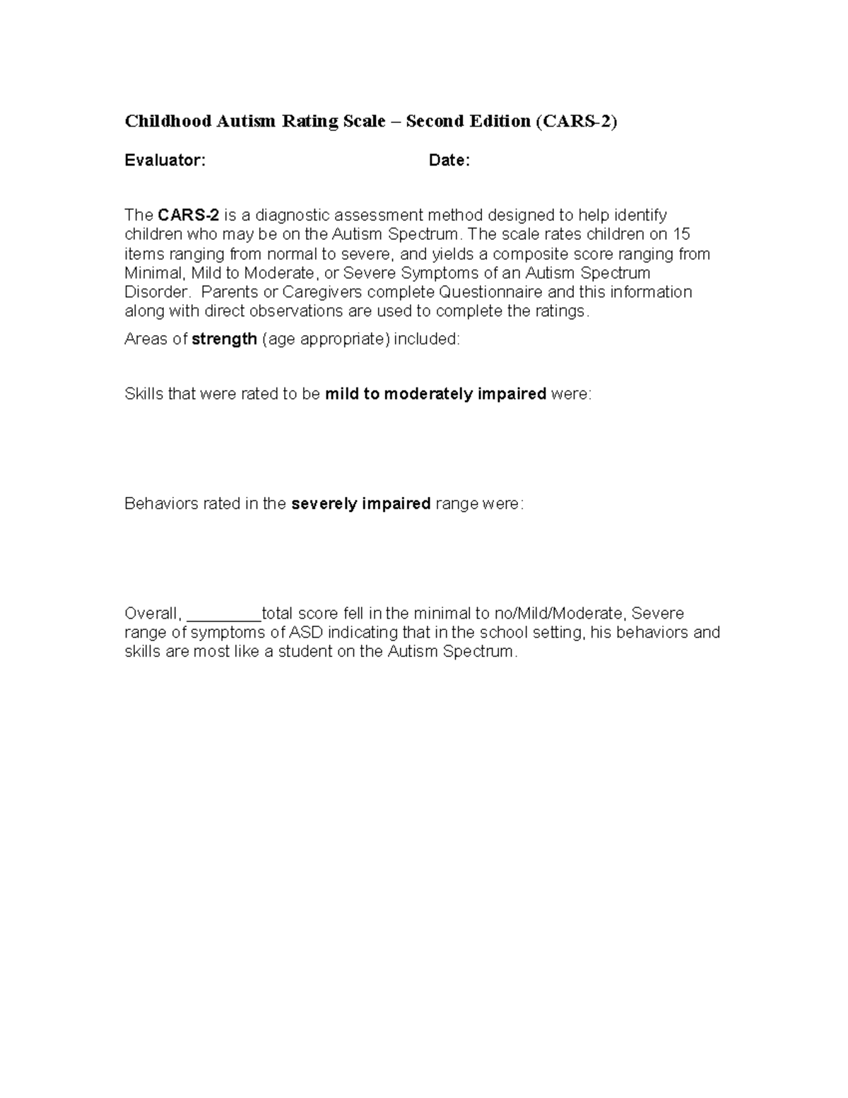 S3 CARS 2 Sample Write Up 1 - Childhood Autism Rating Scale – Second ...