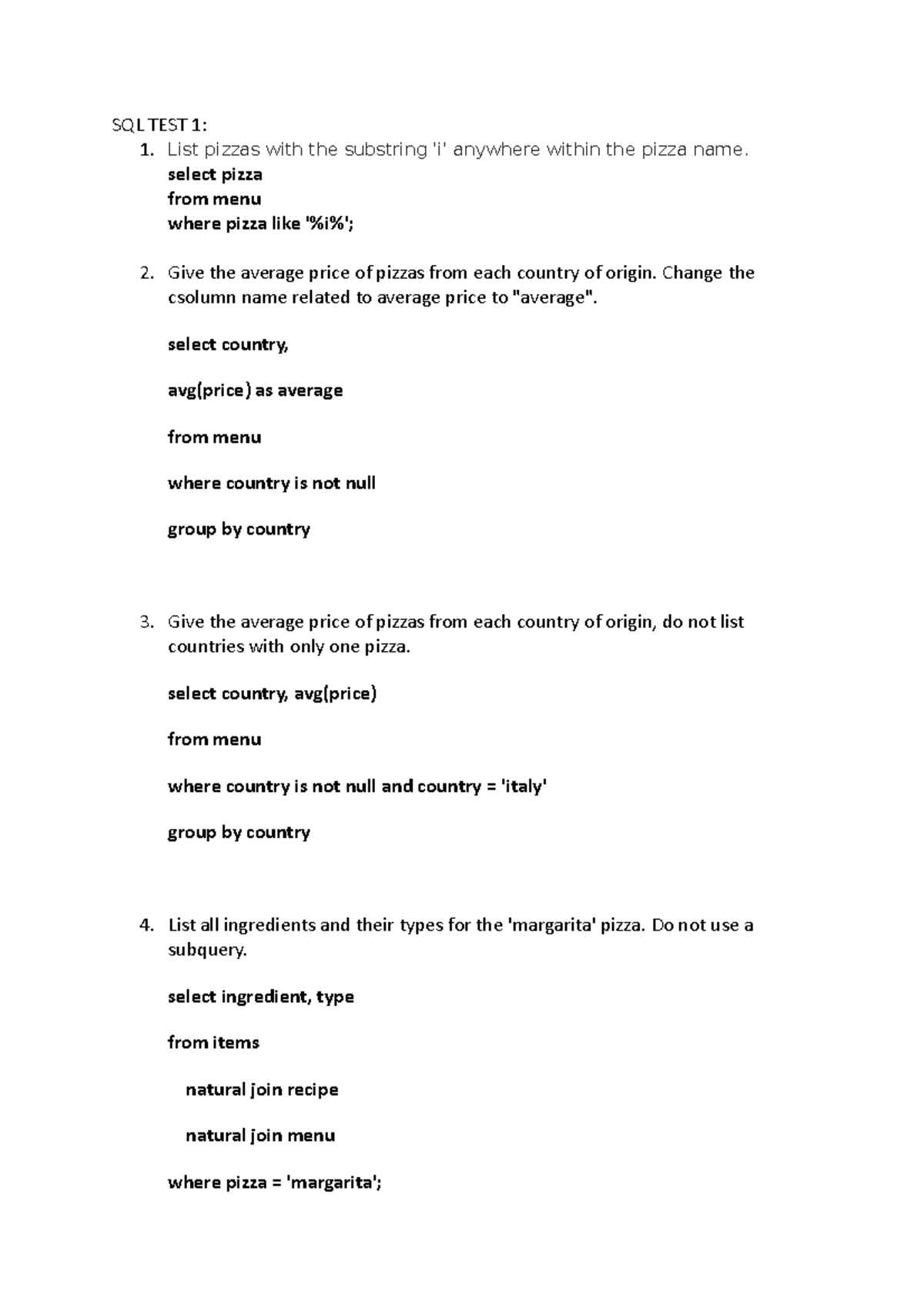 Sql Test 1 Practice Test Questions Sql Test 1 List Pizzas With The Substring I Anywhere