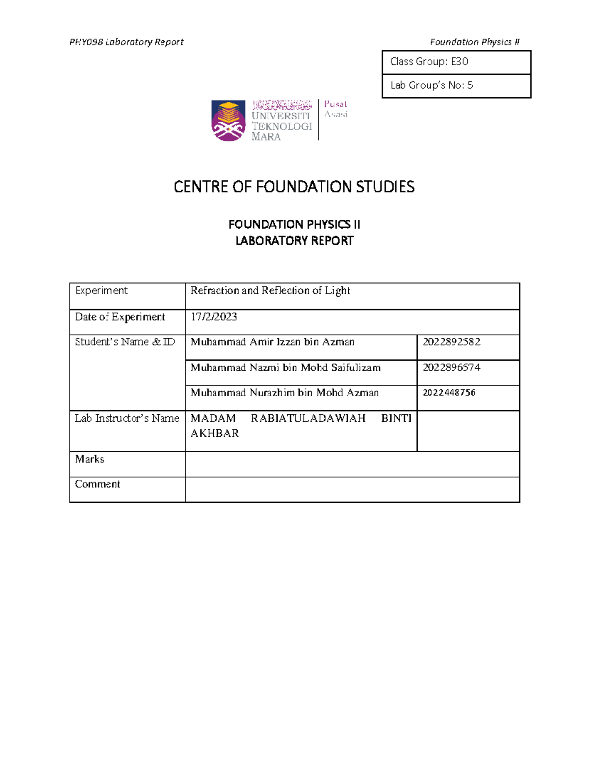 Lab Report Refraction And Reflection Group 5 Centre Of Foundation
