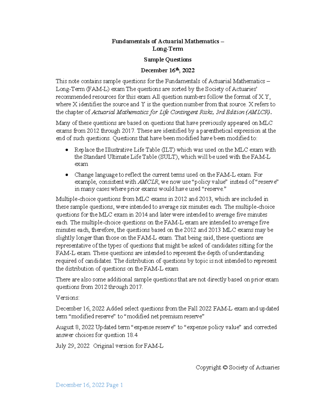 FAM-L Question - It's the sample of FAM-L. - Fundamentals of Actuarial ...