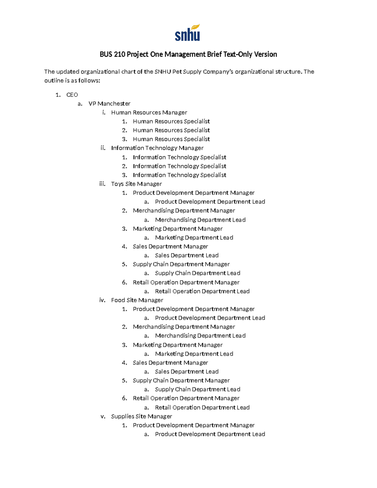 BUS 210 Project One Management Brief - The outline is as follows: 1 ...