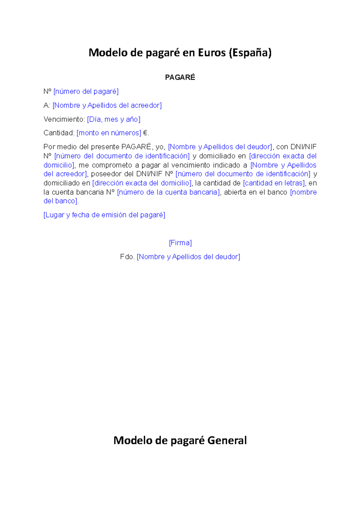 Plantilla-de-pagare - pagare - Modelo de pagaré en Euros (España ...
