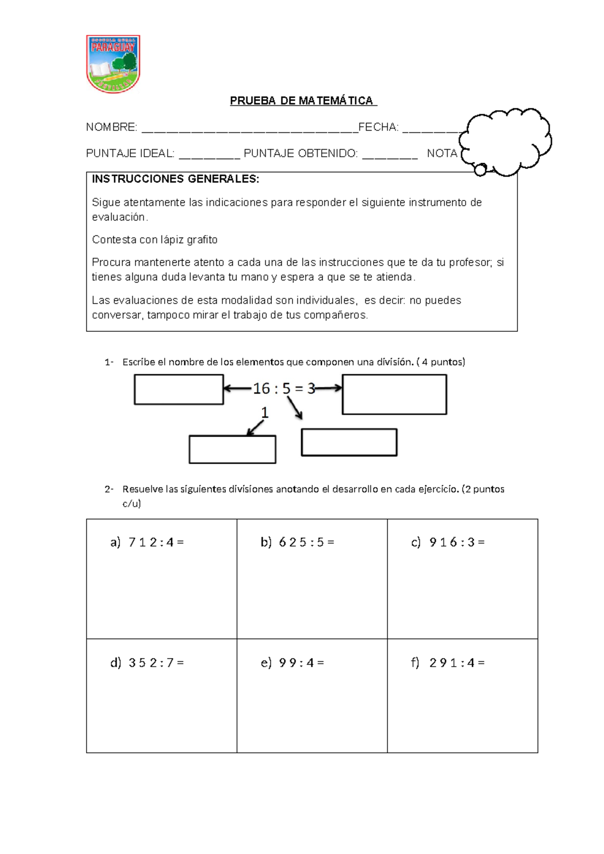 Prueba DE Matemática Divisiones 5 Y 6 - PRUEBA DE MATEMÁTICA NOMBRE ...