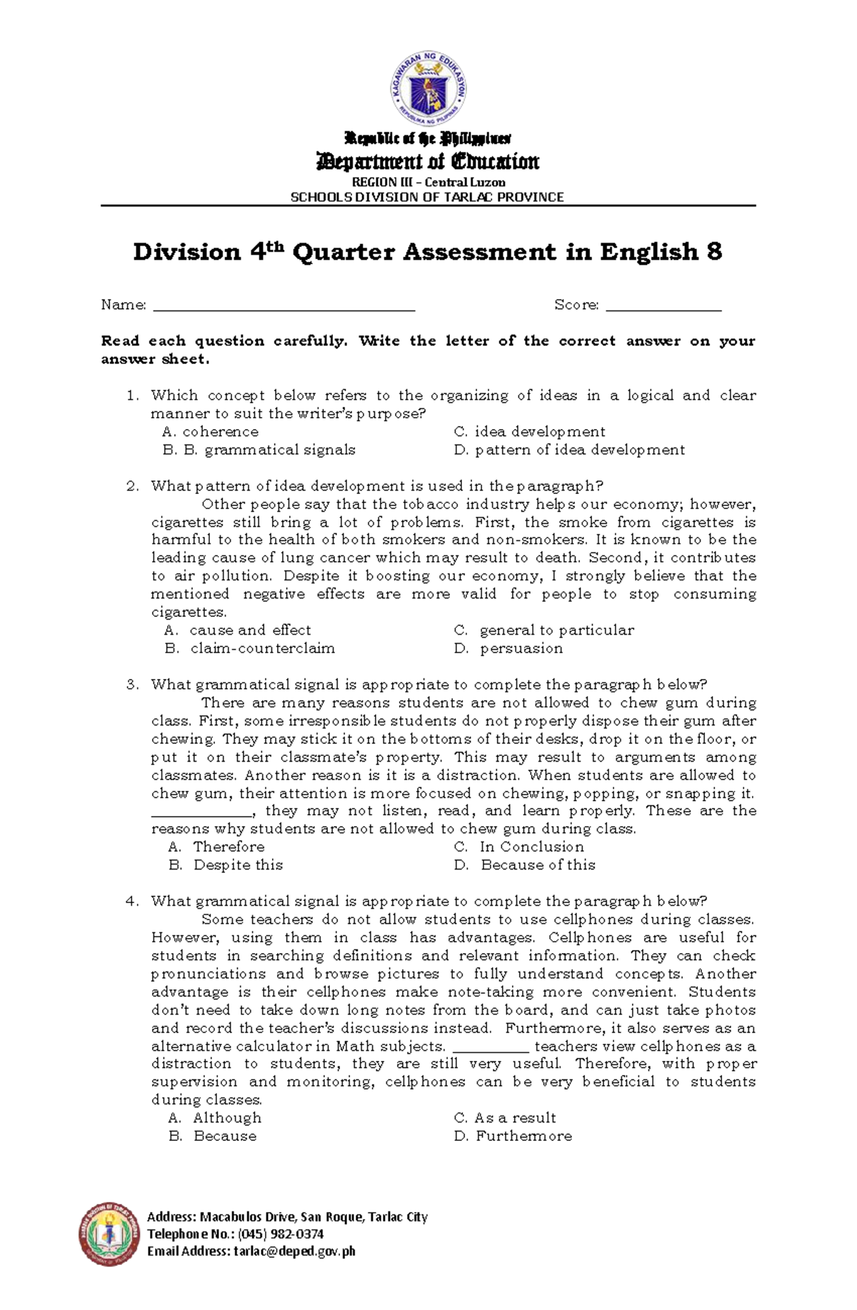 RFQA Grade 8. Assessment TOOL - Department of Education REGION III ...