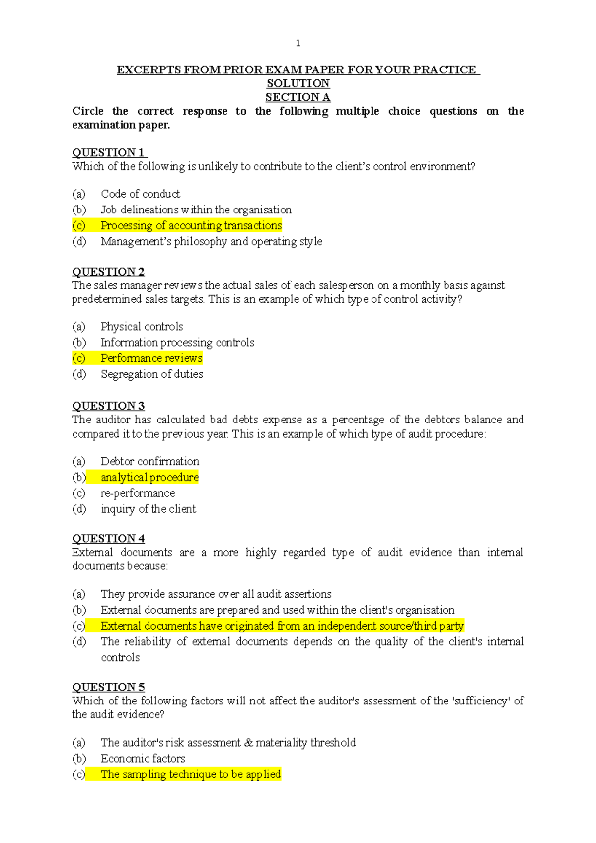 Sample/practice exam 12 November 2019, answers - EXCERPTS FROM PRIOR ...