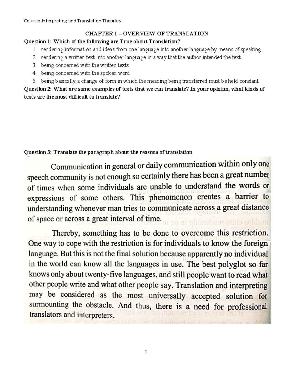 Chapter 1 - Overview of Translation - Course: Interpreting and ...