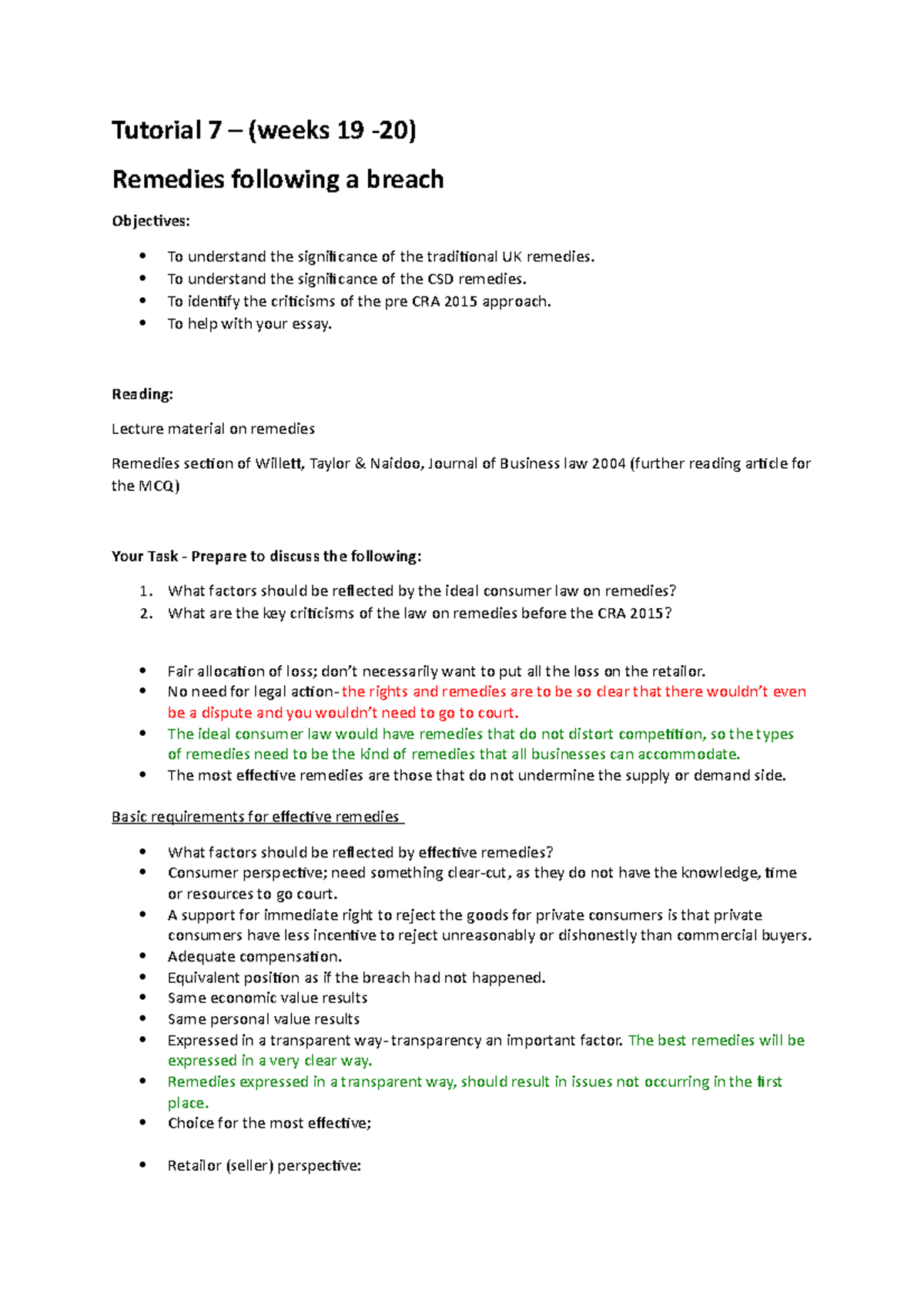 Tutorial Week 7 - Tutorial 7 – (weeks 19 -20) Remedies following a breach Objectives: To - Studocu