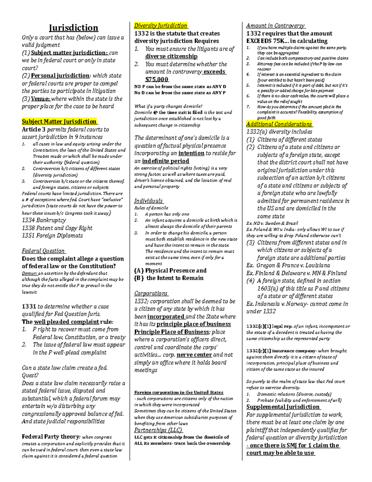 Civ Pro Final Outline 17 - Jurisdiction Only a court that has (below ...