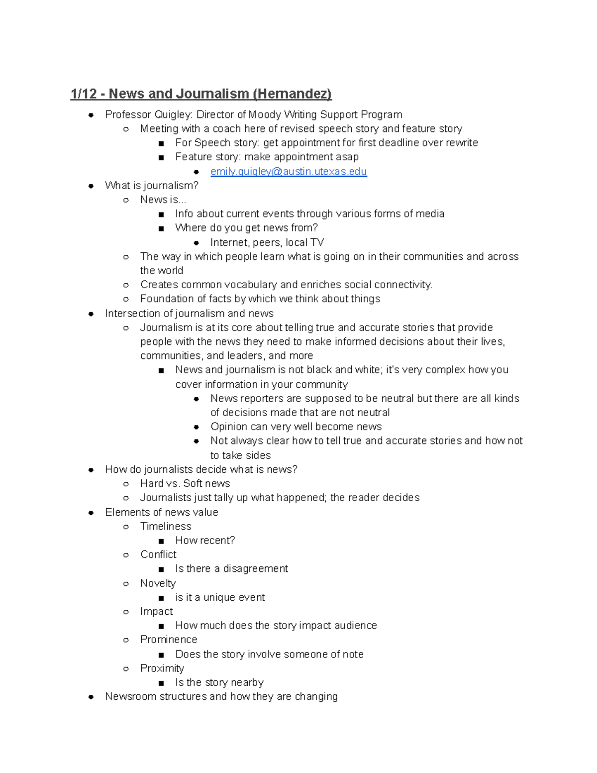J317 - Lecture Notes with Bell - 1/12 - News and Journalism (Hernandez ...
