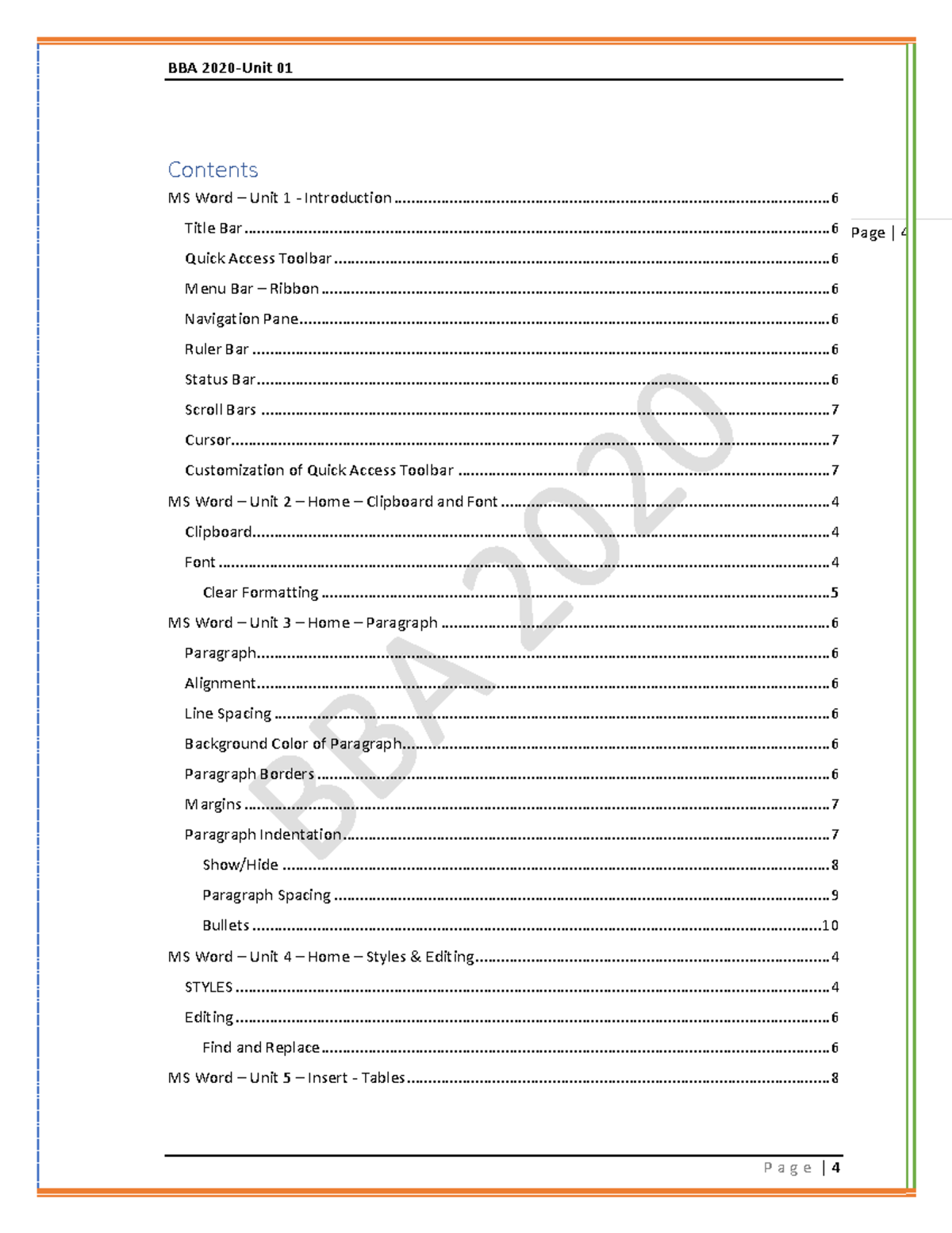 Computer class book - Contents BBA 2020-Unit - Page | MS Word – Unit 1 ...