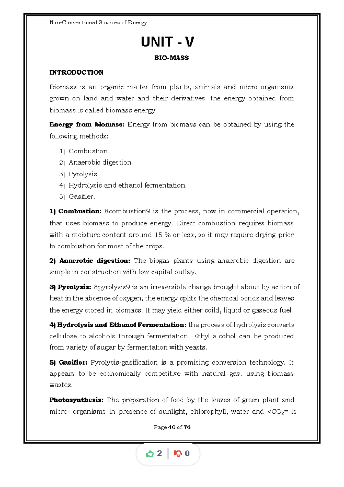 NCES UNIT - V - Non-Conventional Sources of Energy Page 40 of 76 UNIT – III BIO-MASS ...