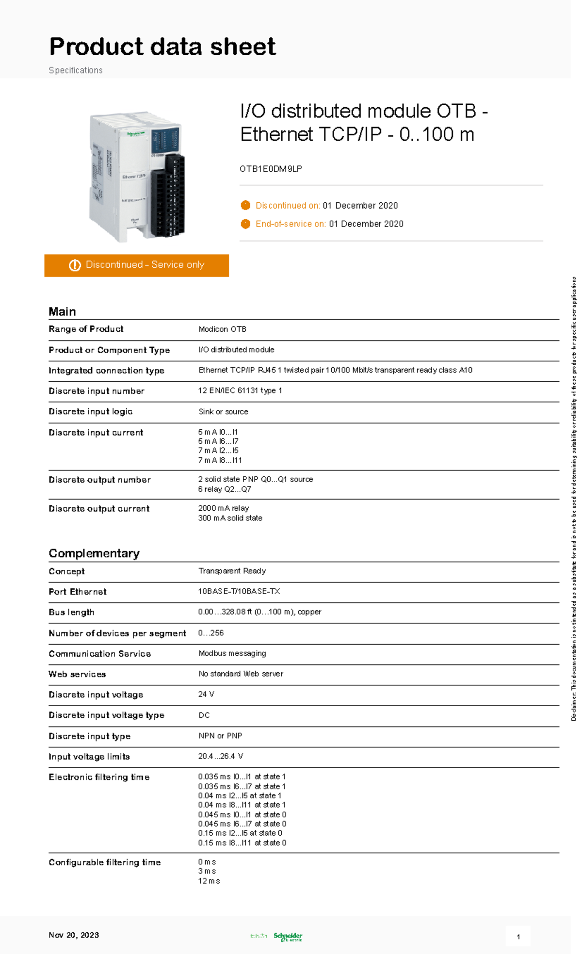 Modicon OTB OTB1E0DM9LP - ####### Specifications Discontinued - Service ...