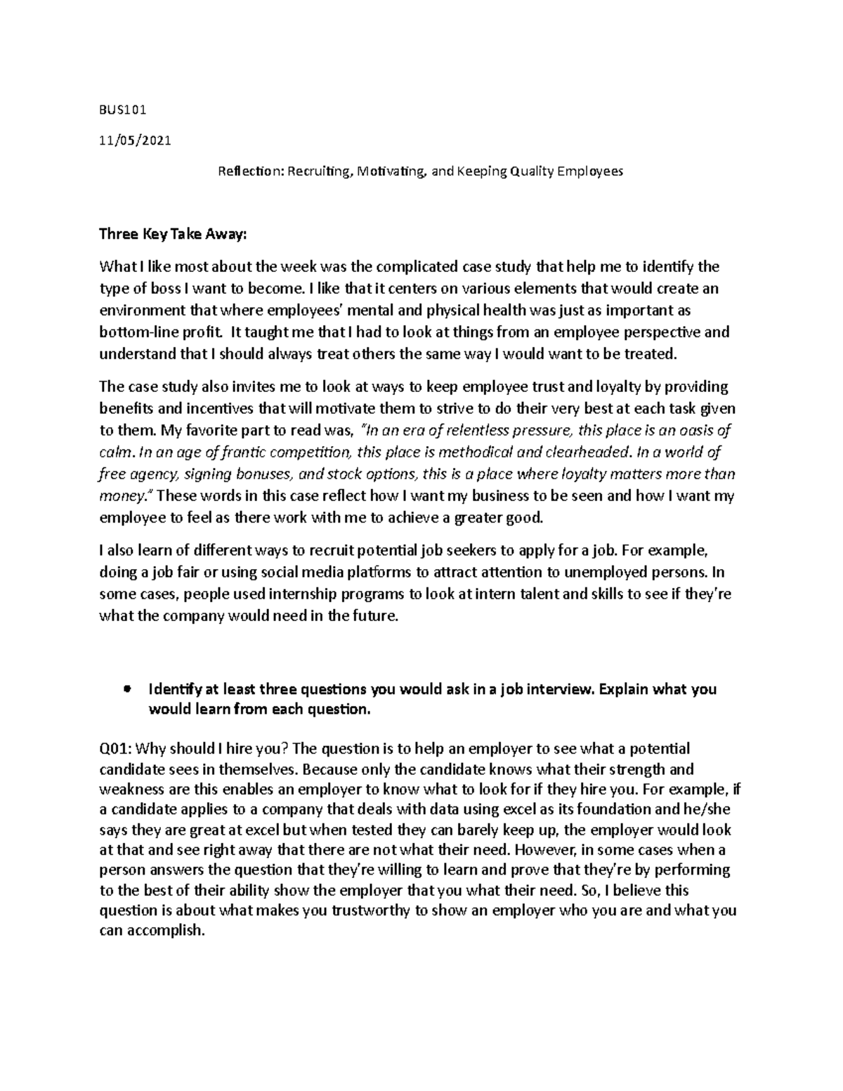 W08 Reflection Recruiting, Motivating, and Keeping Quality Employees ...