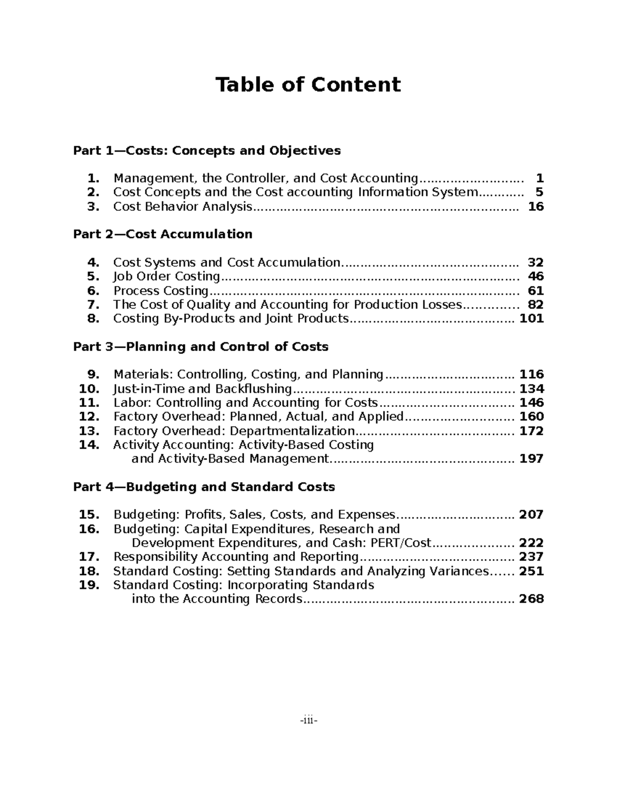 Acc Table of Contents - Table of Content Part 1—Costs: Concepts and ...