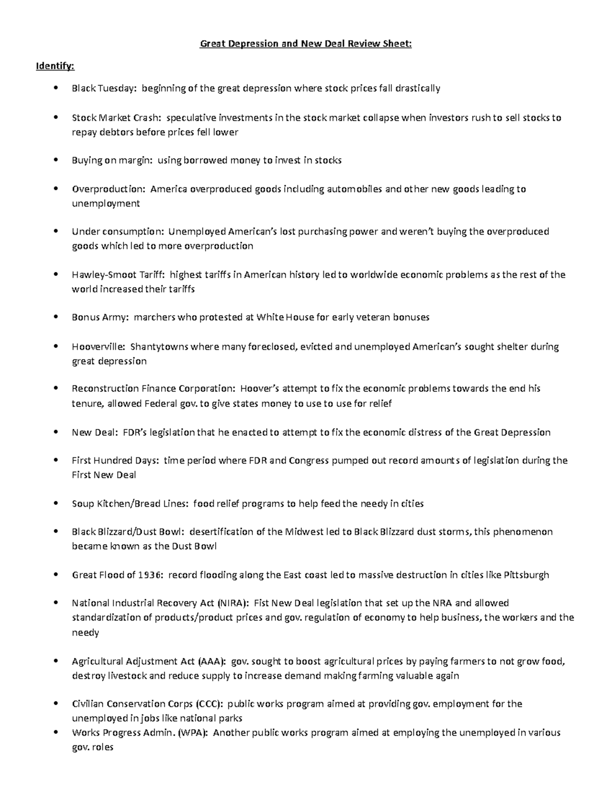 Great Depression and New Deal Review Sheet Answers - Great Depression ...