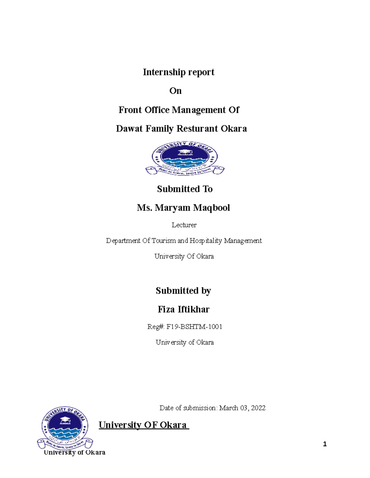 Internship report front office - Internship report On Front Office ...