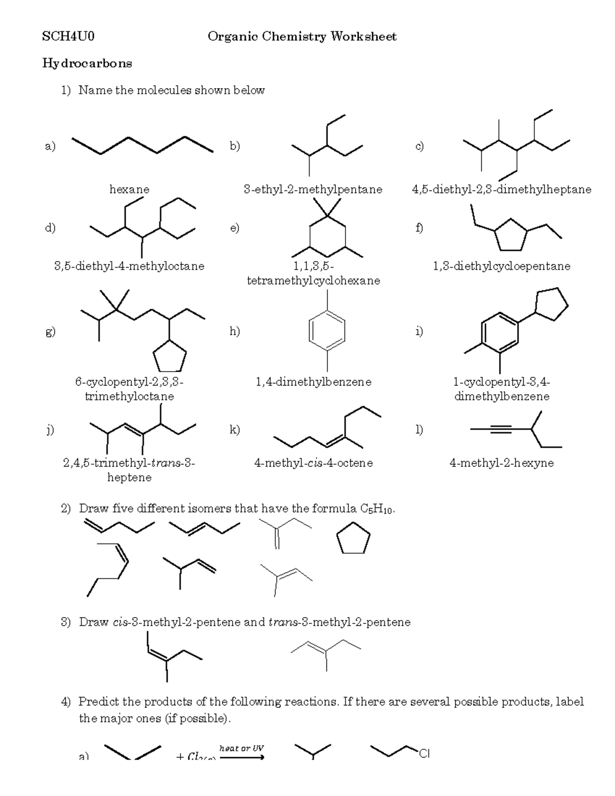 SCH4U0 - 5 - Worksheet Organic Chemistry V2 Solutions - SCH4U0 Organic ...