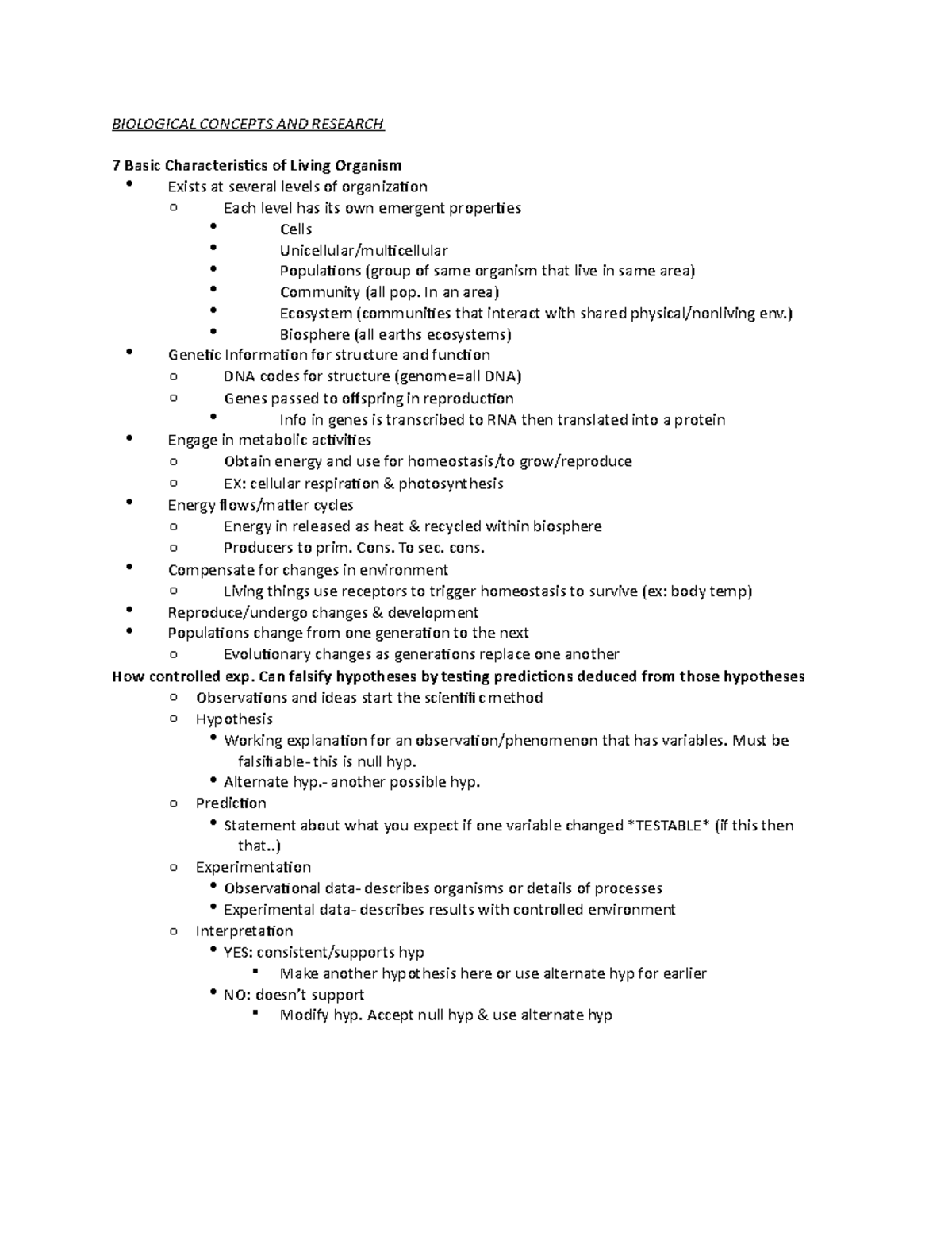 Bio 105 Ch. 1 notes - BIOLOGICAL CONCEPTS AND RESEARCH 7 Basic ...