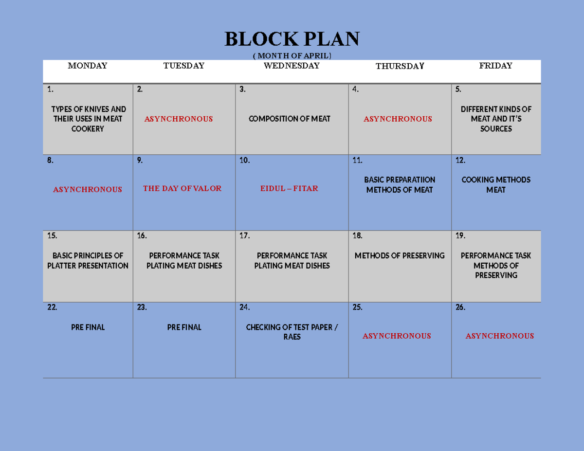 Block PLAN - BLOCK PLAN ( MONTH OF APRIL) MONDAY TUESDAY WEDNESDAY ...