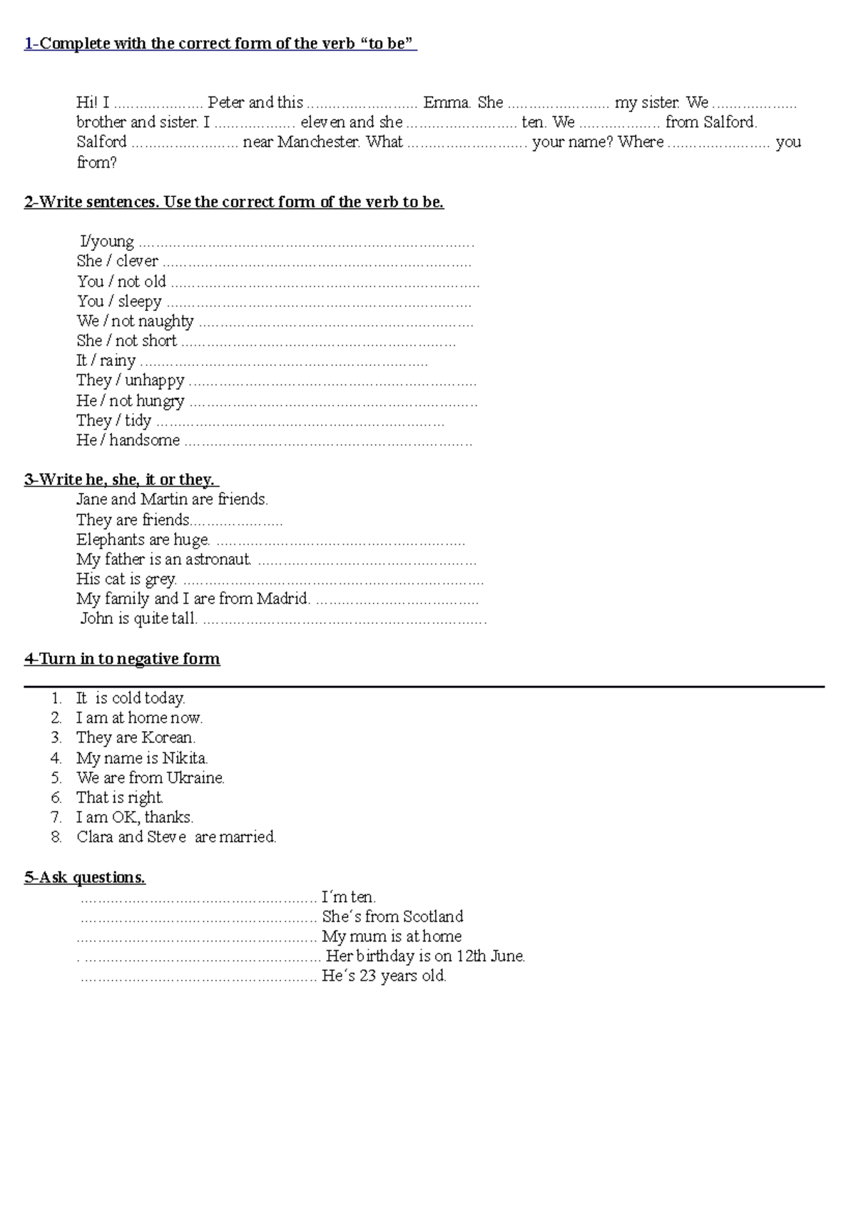 Homework 2-TO BE - 1-Complete with the correct form of the verb “to be ...